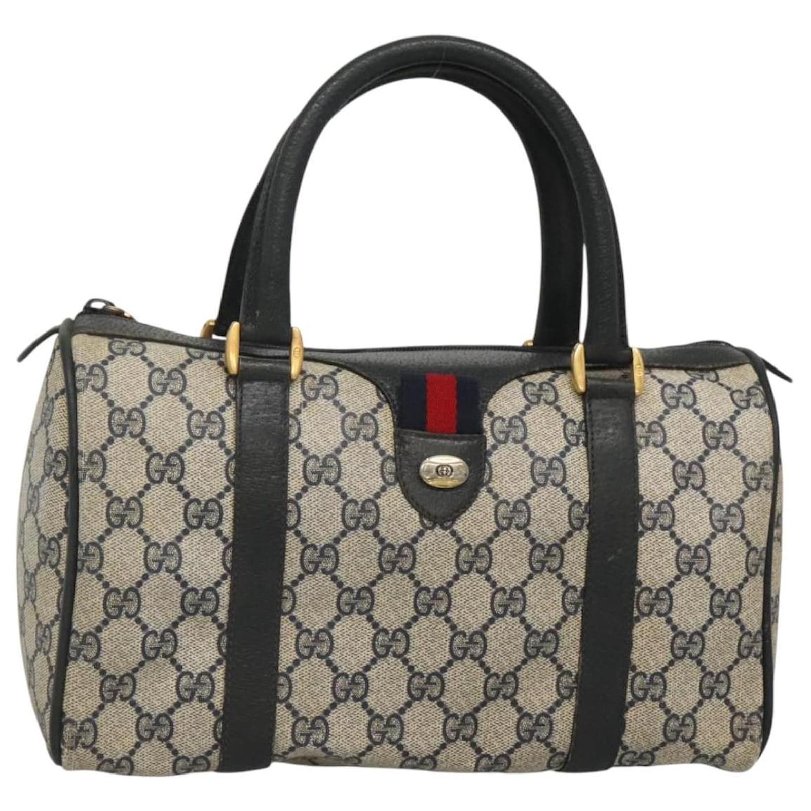 GUCCI GG Supreme Sherry Line Boston Bag PVC Navy Gold 111 02 006 Auth ...