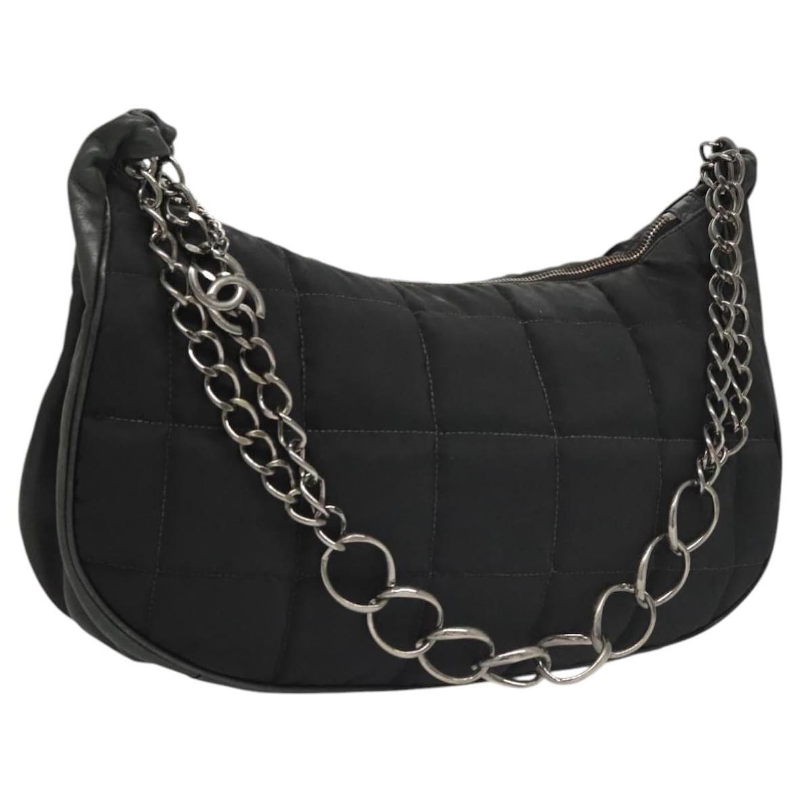 CHANEL Choco Bar Chain Shoulder Bag Nylon Black Silver CC Auth 118385 ...