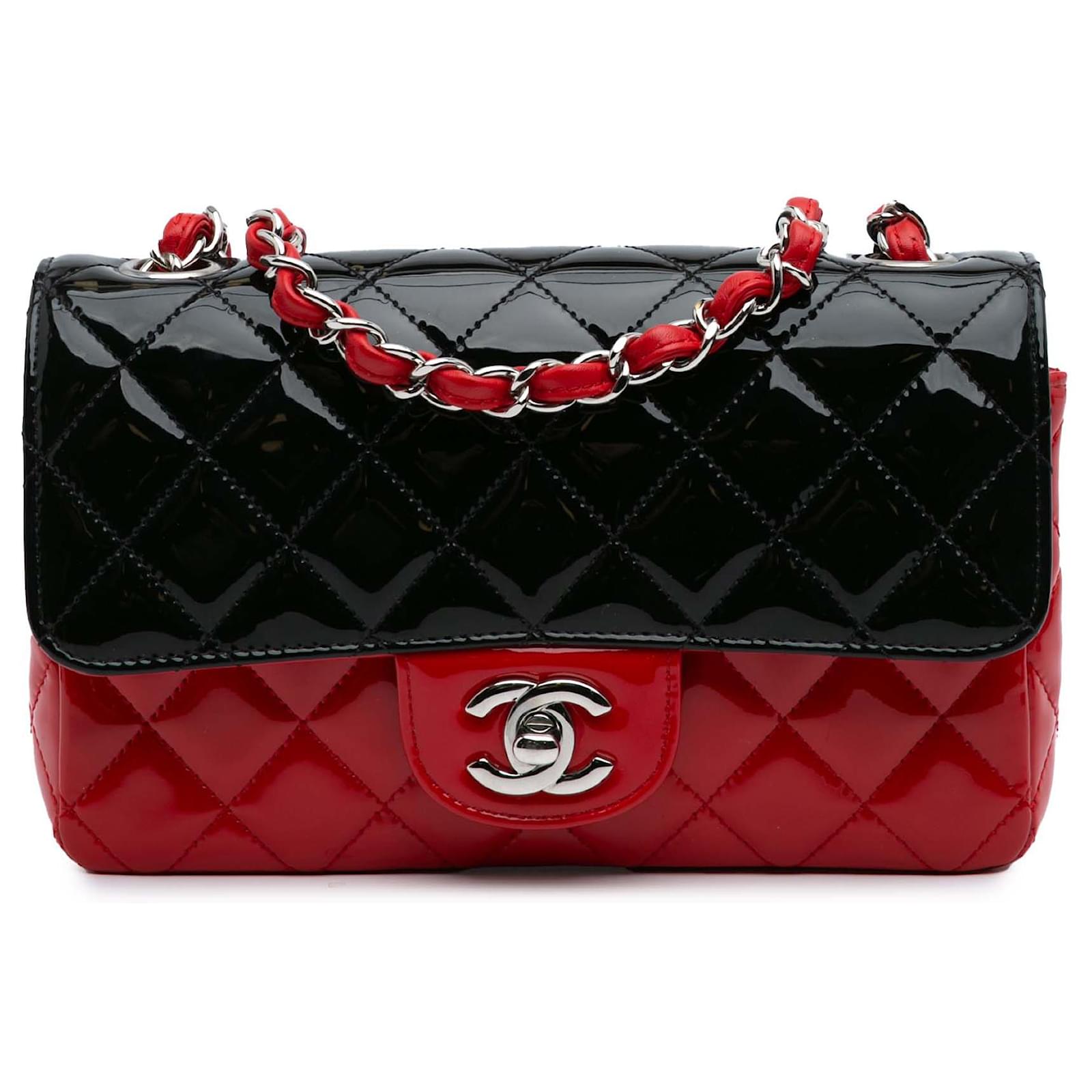 Chanel Red Mini Rectangular Classic Bicolor Patent Single Flap Leather ...
