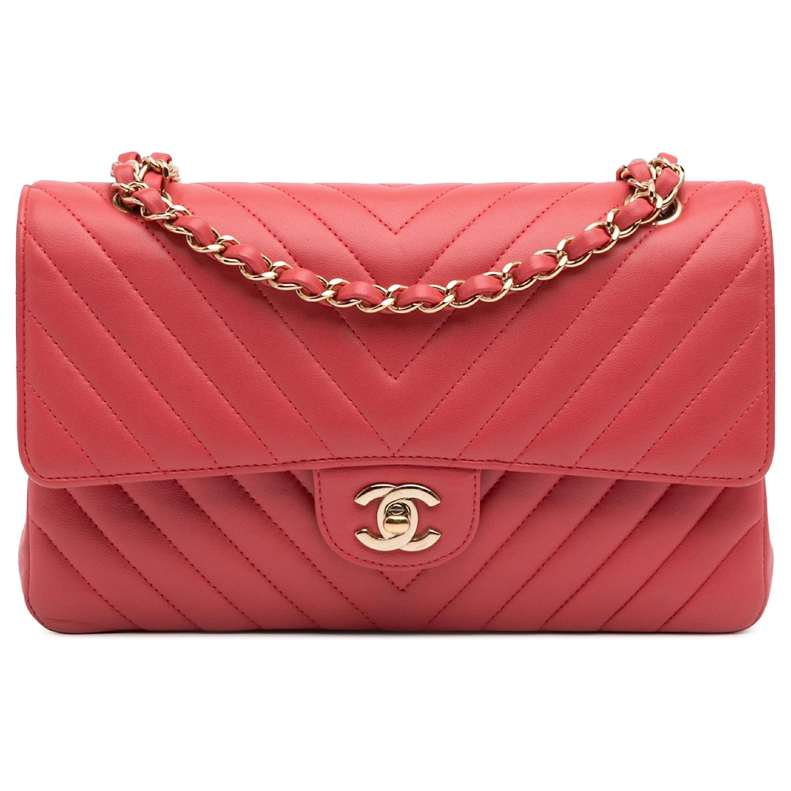 Chanel Red Medium Classic Chevron Lambskin Double Flap Leather ref ...