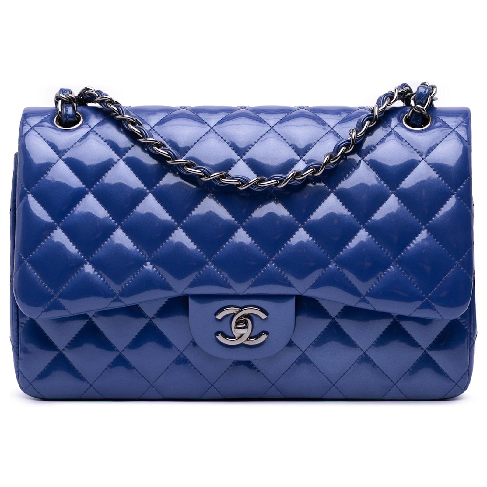 Chanel Blue Jumbo Classic Patent Double Flap Leather Patent leather ref ...