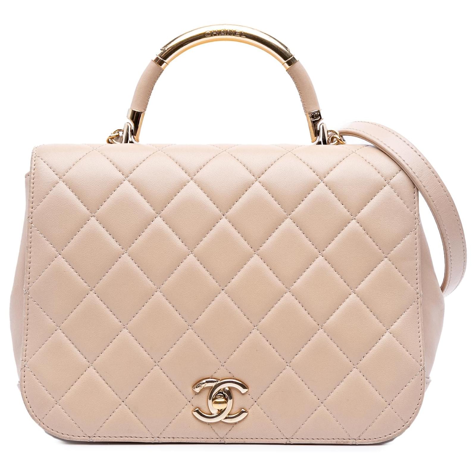 Chanel Brown Medium Quilted Lambskin Carry Chic Flap Beige Leather ref ...