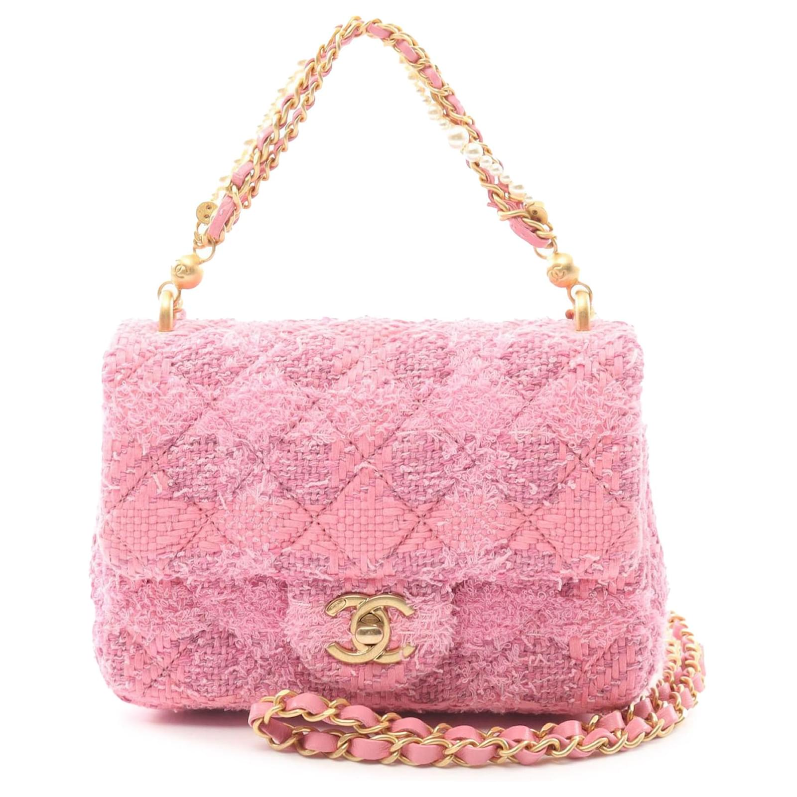 Chanel Pink Mini Square Quilted Woven Tweed Pearl Twist Flap Cloth ref ...