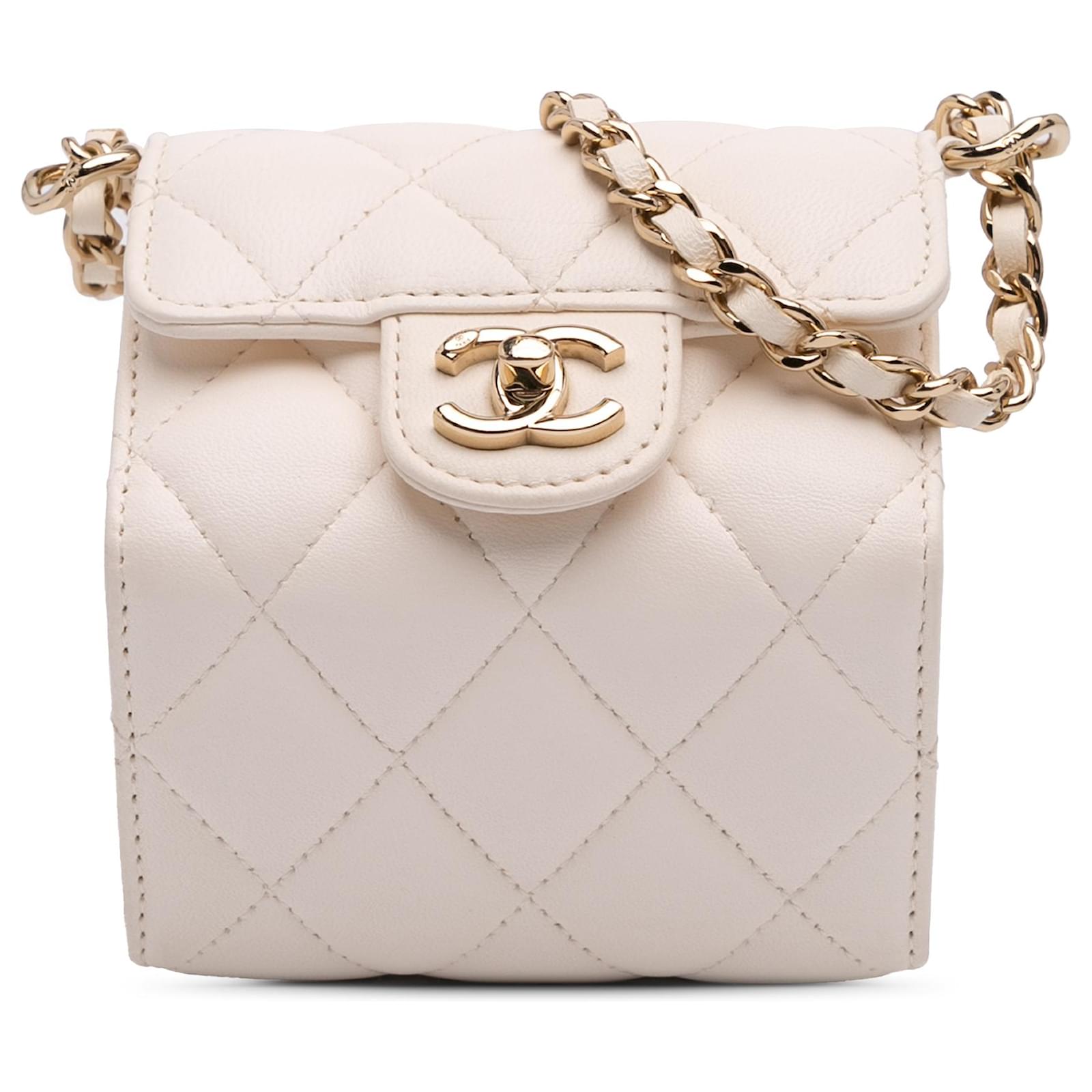 Chanel White Quilted Lambskin Foldable Jewelry Box with Chain Cream ...