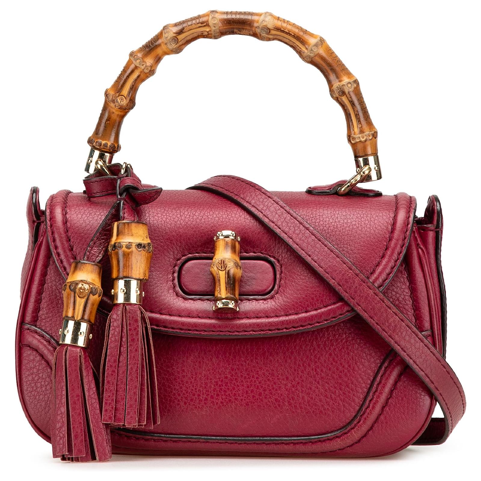 Gucci Red Small Leather New Bamboo Satchel Dark red Pony-style calfskin ...