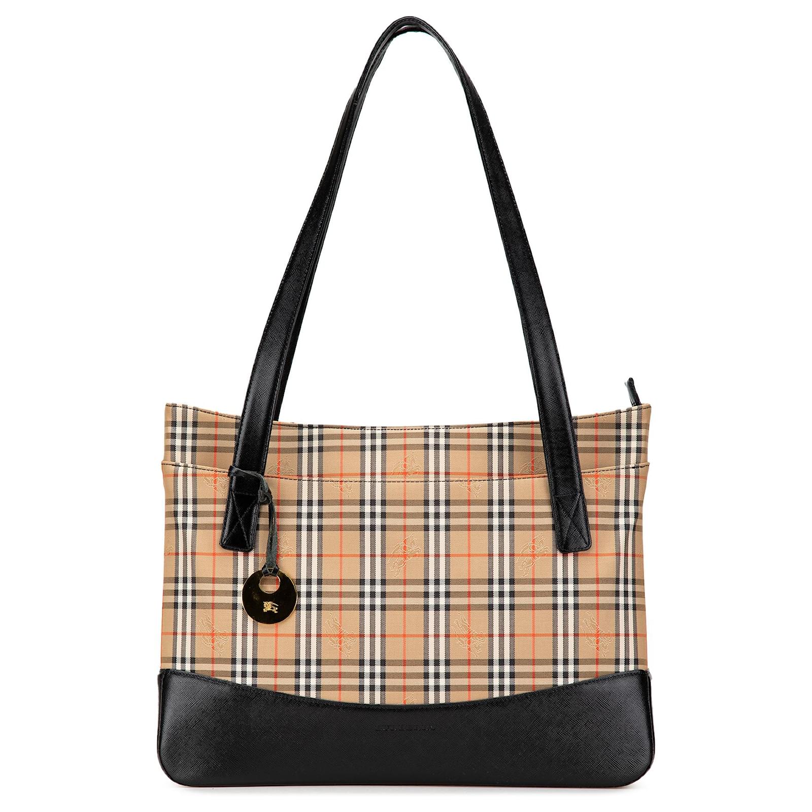 Burberry Brown Haymarket Check Canvas Tote Black Beige Leather Cloth Pony-style calfskin Cloth ...