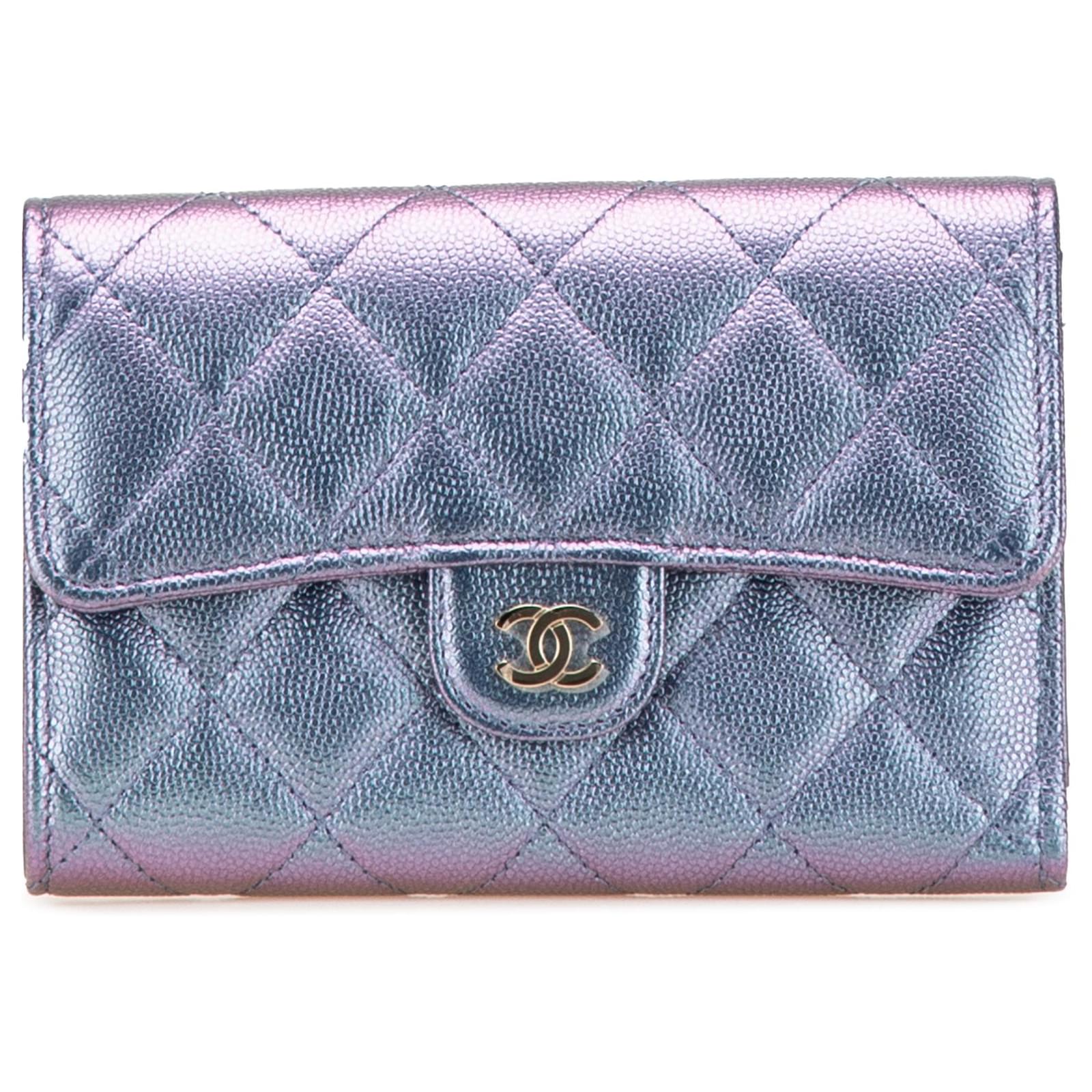 Chanel Blue Quilted Iridescent Caviar Trifold Flap Wallet Leather ref ...