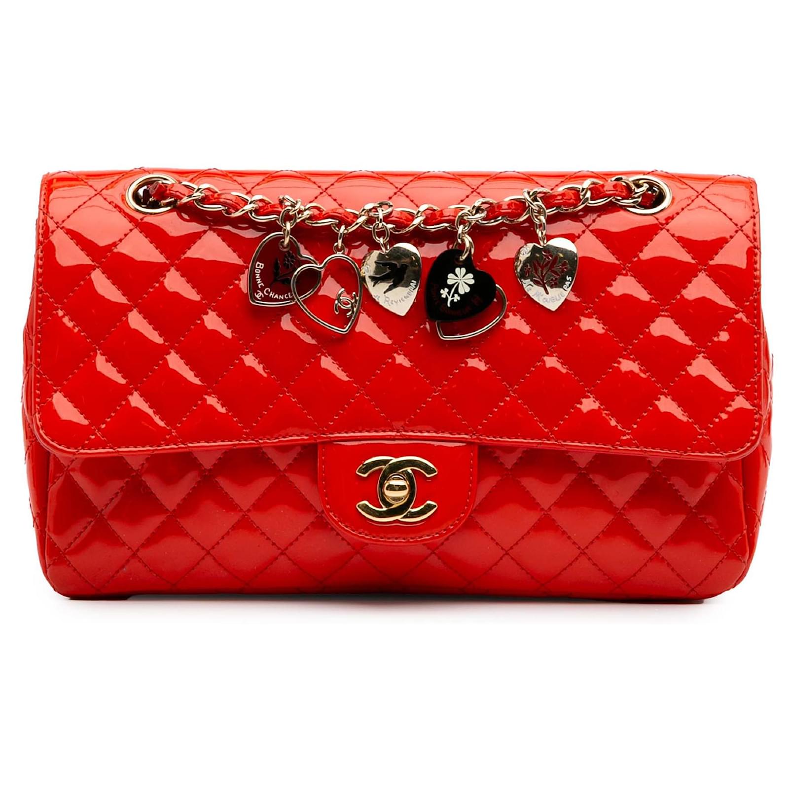 Chanel Red Medium Classic Patent Valentines Heart Charms Single Flap ...