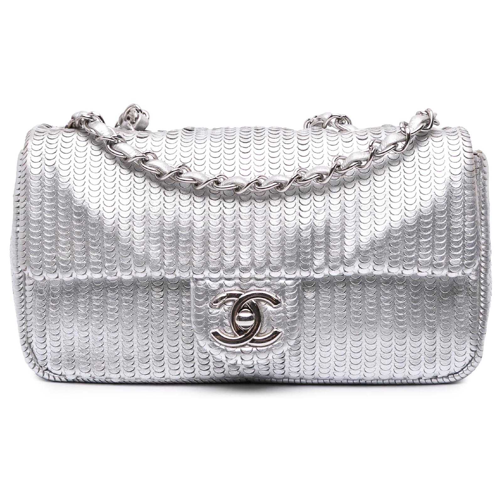 Chanel Silver Small Metallic Lambskin Laser Cut Flap Silvery Leather ...