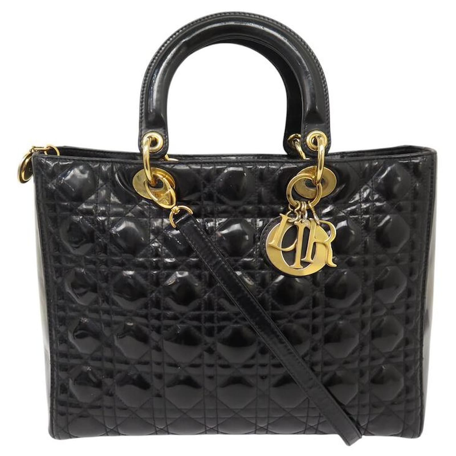 CHRISTIAN DIOR LADY GM LARGE CANNAGE BLACK VARNISHED LEATHER HAND BAG ...