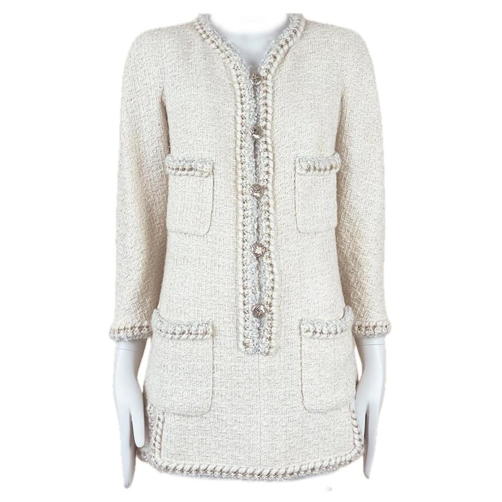 Chanel Iconic Metallic Chain Trim Ecru Tweed Dress 44 FR Cream ref ...