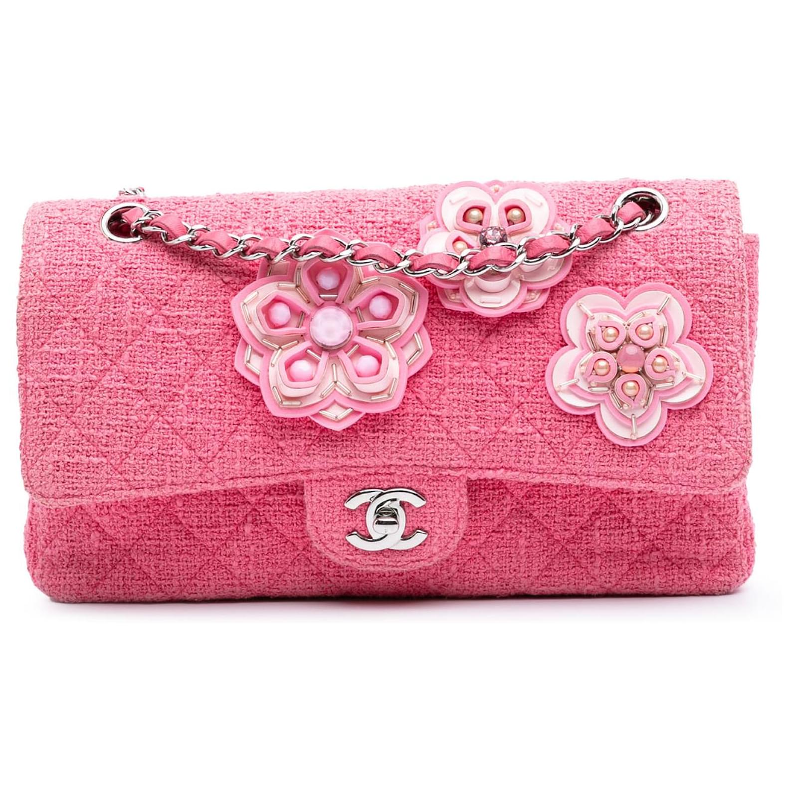 Chanel Pink Medium Classic Tweed Beaded Flower Double Flap Cloth ref ...