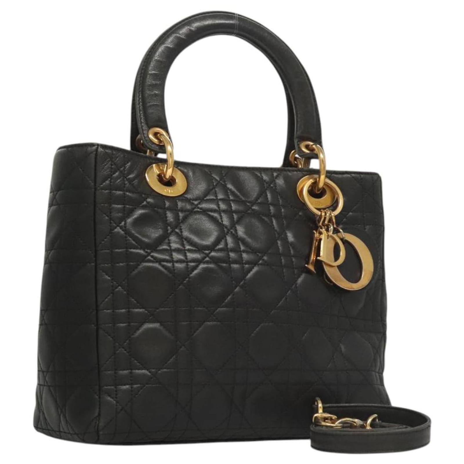 Christian Dior Lady Dior Canage Hand Bag Lamb Skin 2way Black Gold Auth ...
