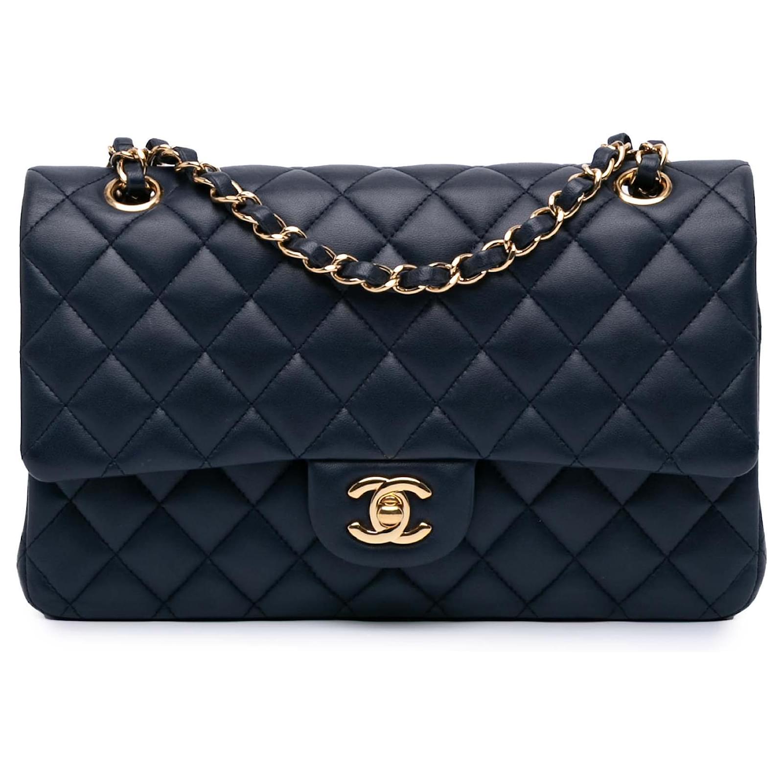 Chanel Blue Medium Classic Lambskin Double Flap Navy blue Leather ref ...