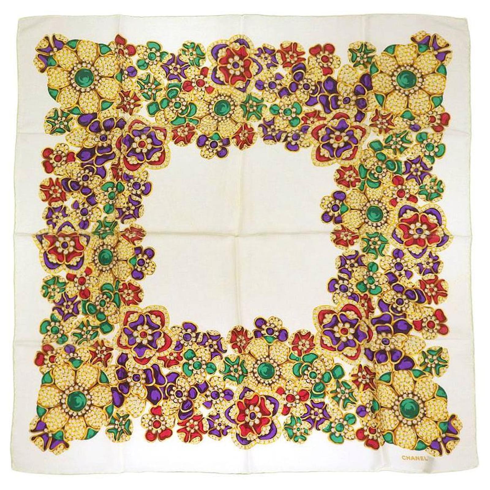 Chanel Silk Scarf with Jewel Flower Logo Brown Beige ref.2230268 - Joli ...