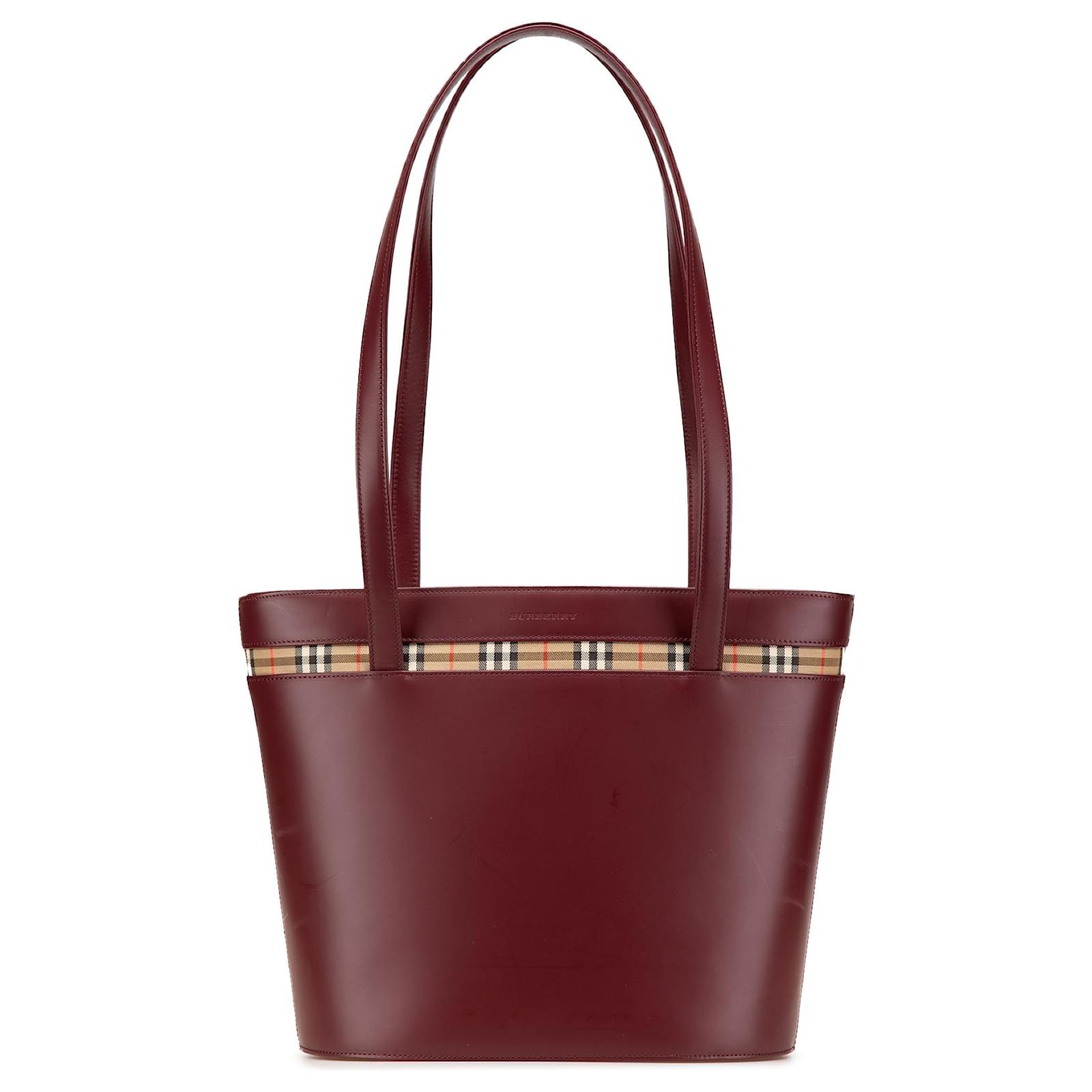 Burberry Red House Check Trimmed Leather Tote Dark red Pony-style ...