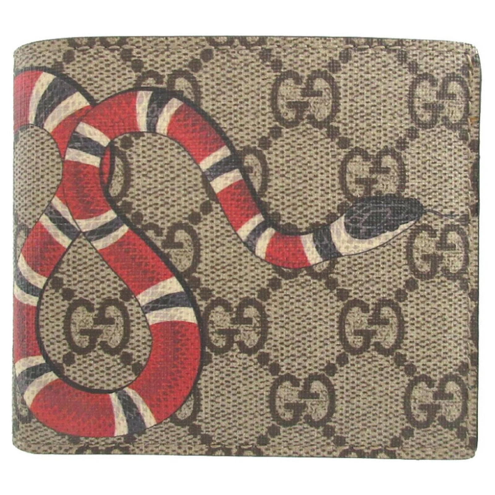 Gucci 451268 Snake GG Supreme Leather Bi-fold Wallet Black Beige Cloth ...