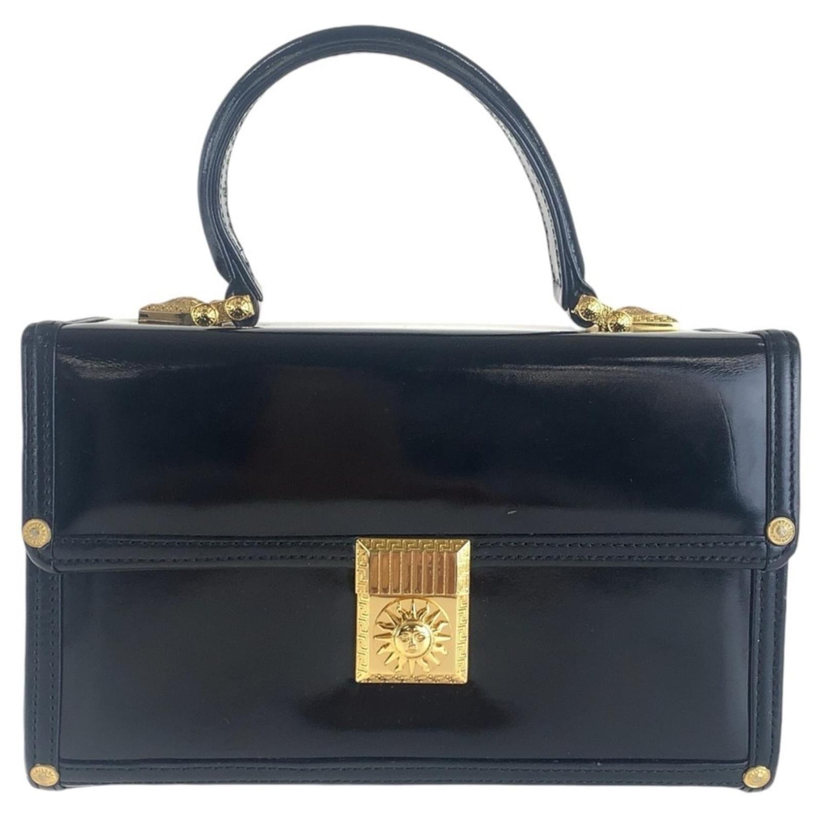 Versace Vintage Sunburst Black Gold Hardware Enamel Handbag Leather ref ...