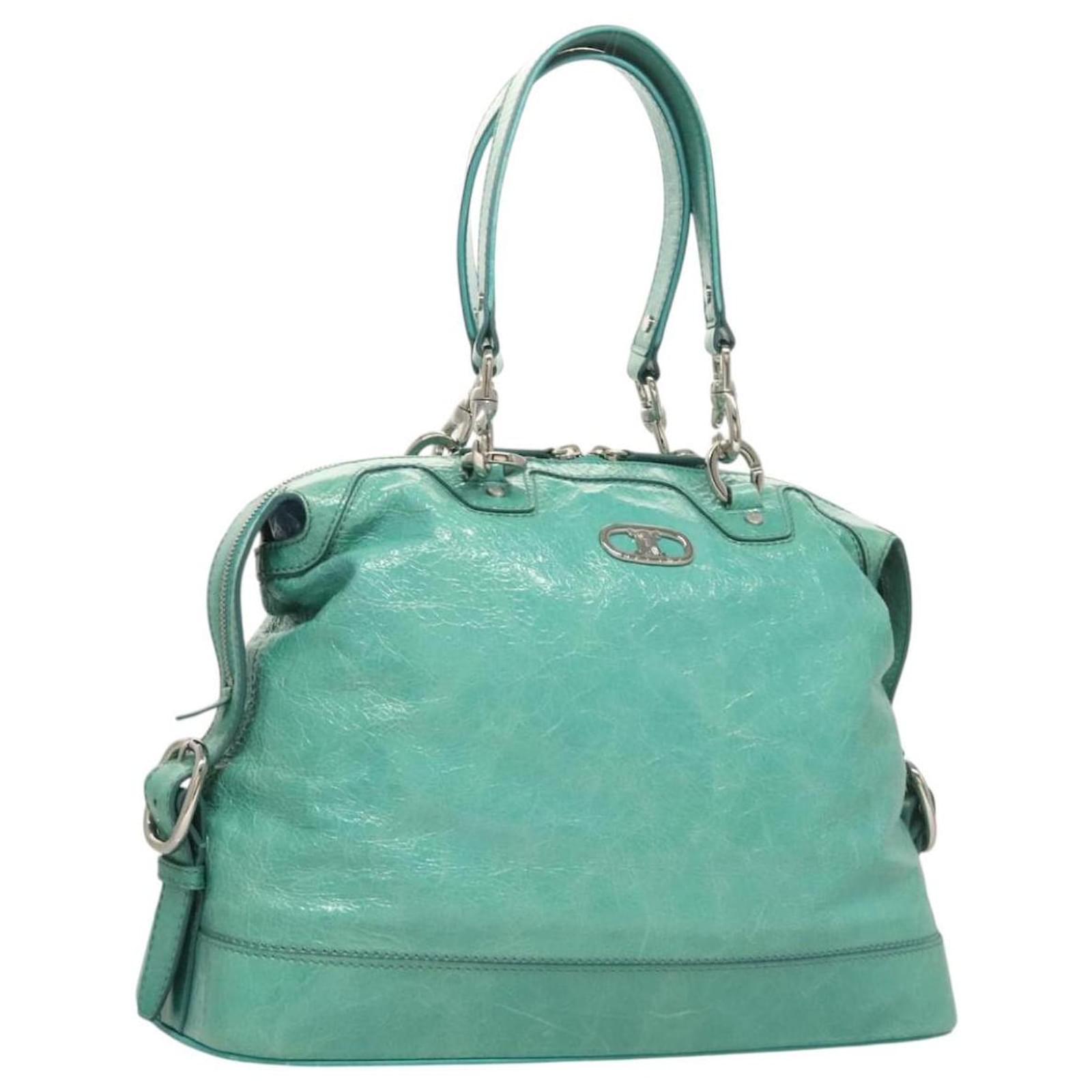 Céline CELINE Hand Bag Leather Light Blue Silver Auth fm4638 Silvery ...