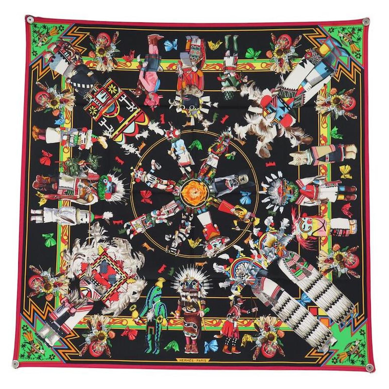 Hermès HERMES KACHINAS KERMIT OLIVER SCARF 90 BLACK SILK + BOX Multiple ...