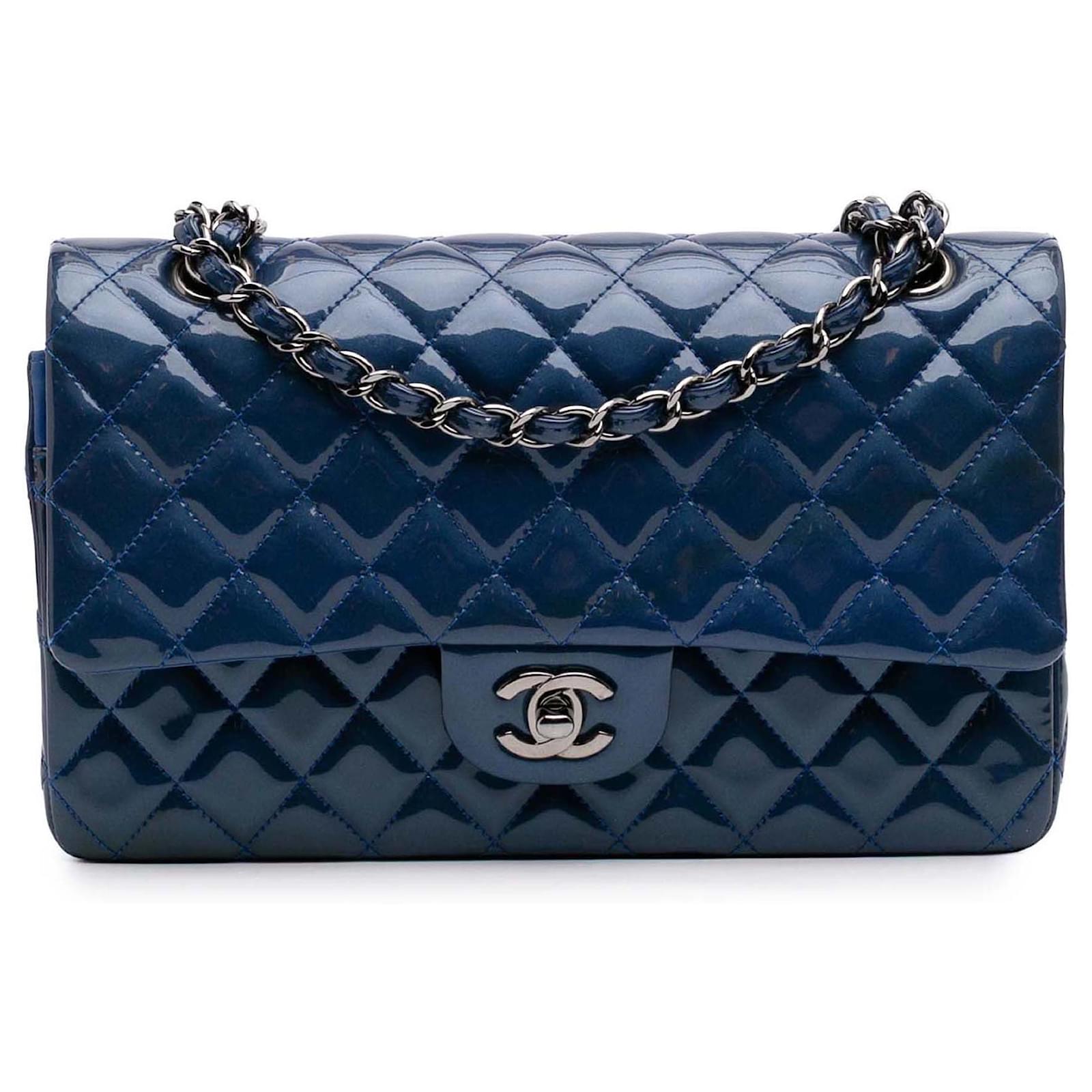 Chanel Blue Medium Classic Patent Double Flap Dark blue Leather Patent ...