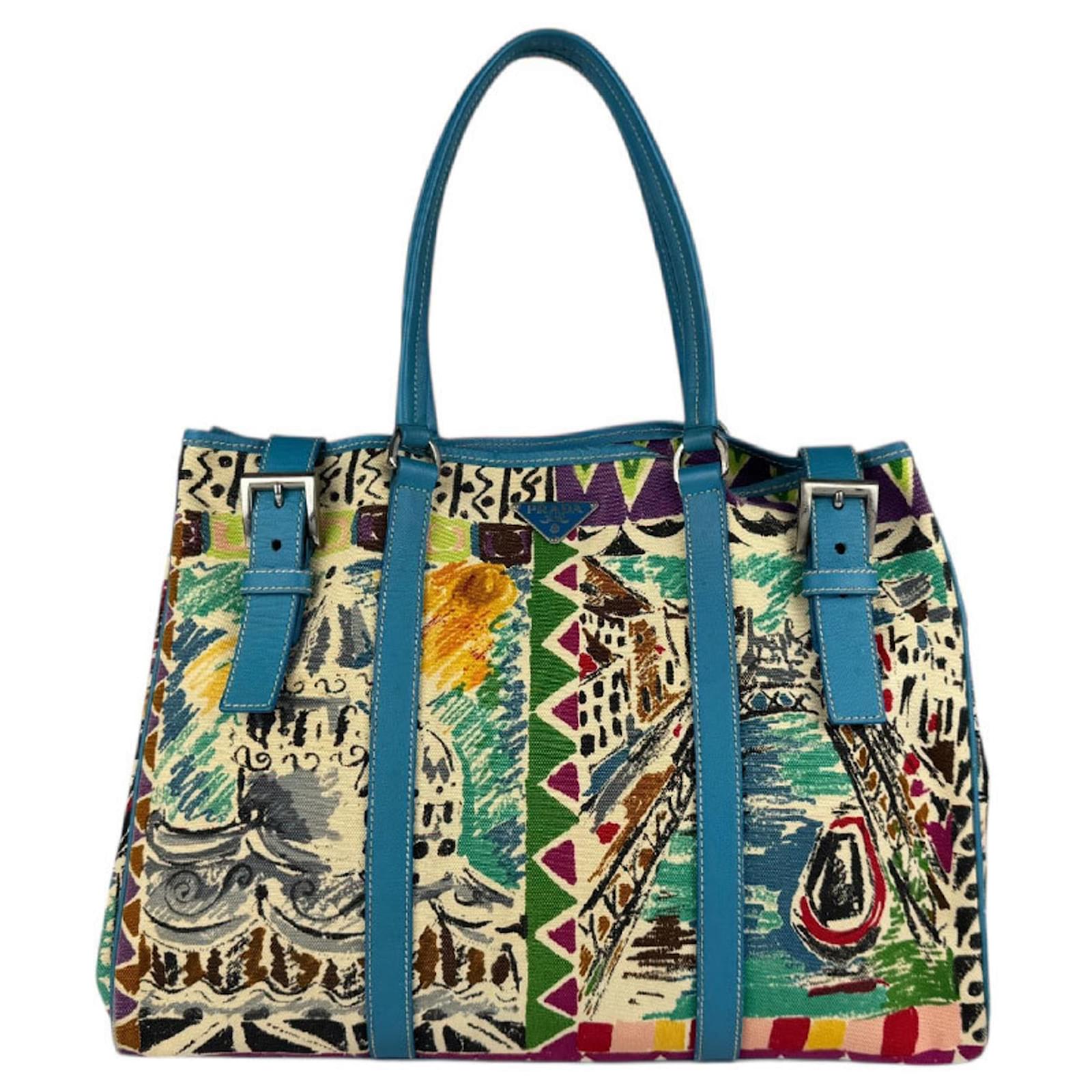 Prada Multicolor Canvas and Leather Shoulder Tote Bag Blue Multiple ...