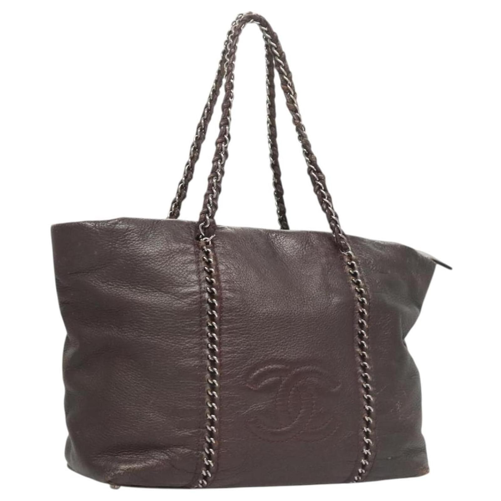 CHANEL COCO Mark Chain Tote Bag Leather Dark Brown CC Auth 122961 ref ...