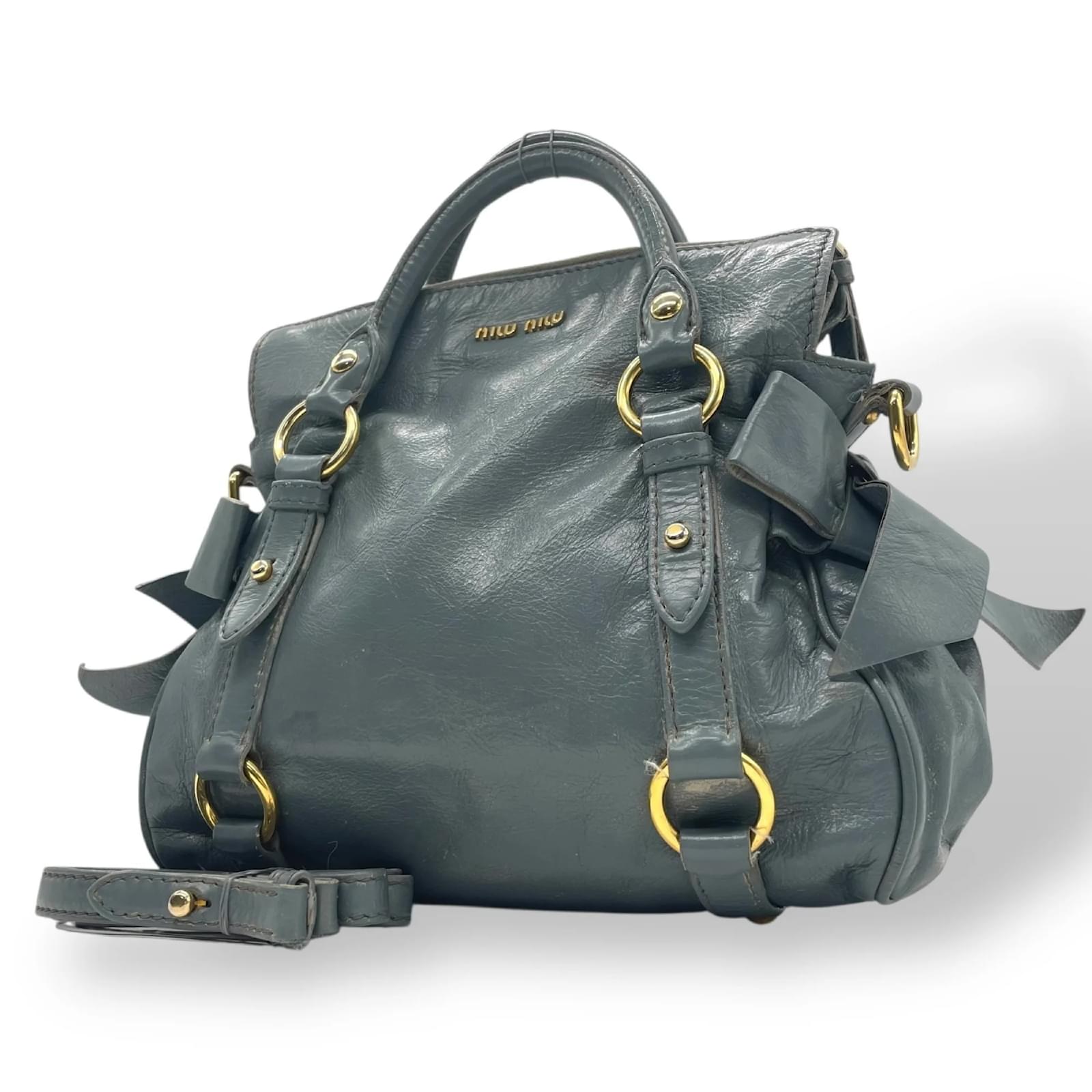 Miu Miu Vitello Lux Bow Satchel Blue Leather ref.2254739 - Joli Closet