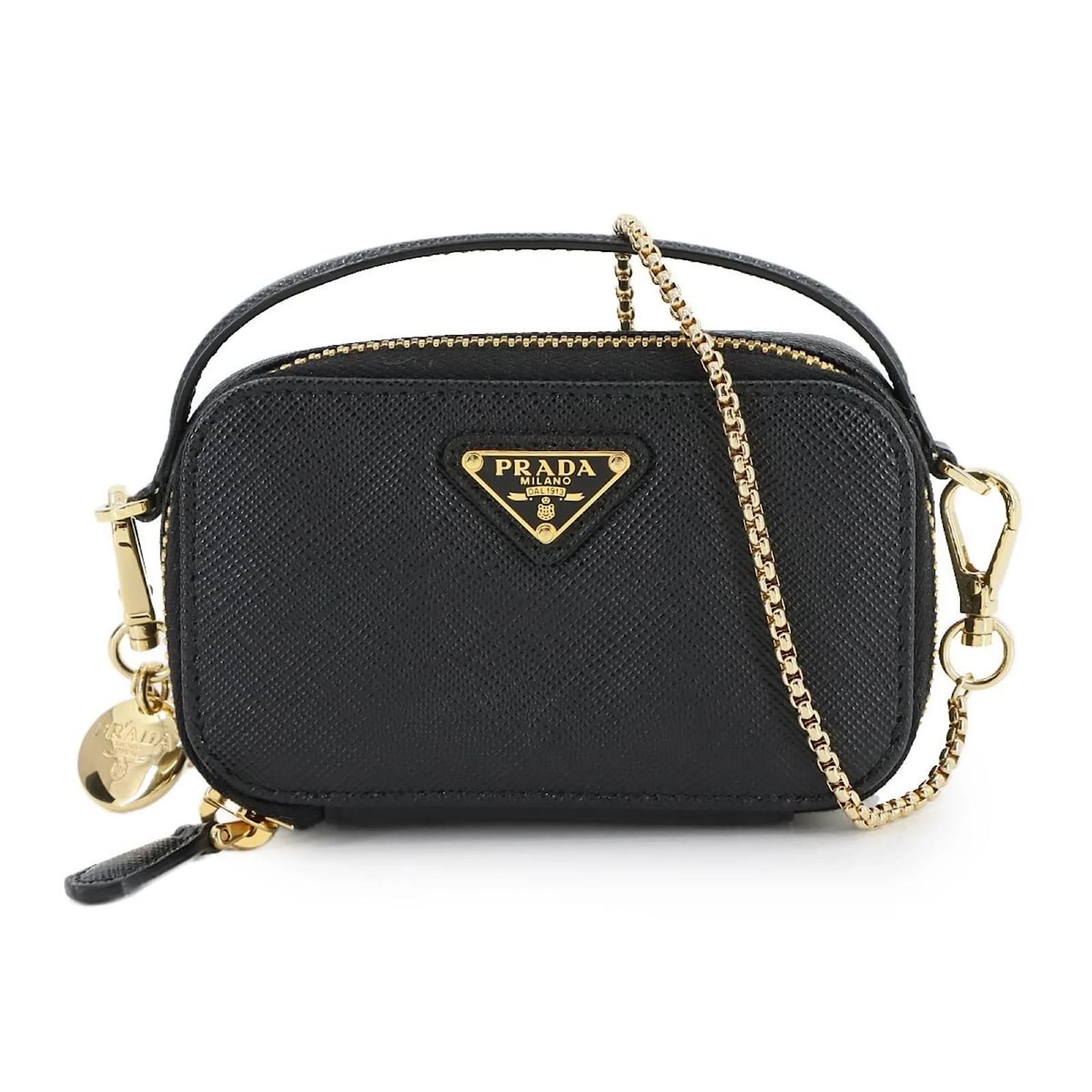 Prada Saffiano Triangle Mini Pouch Chain Shoulder Bag Black Leather ref ...