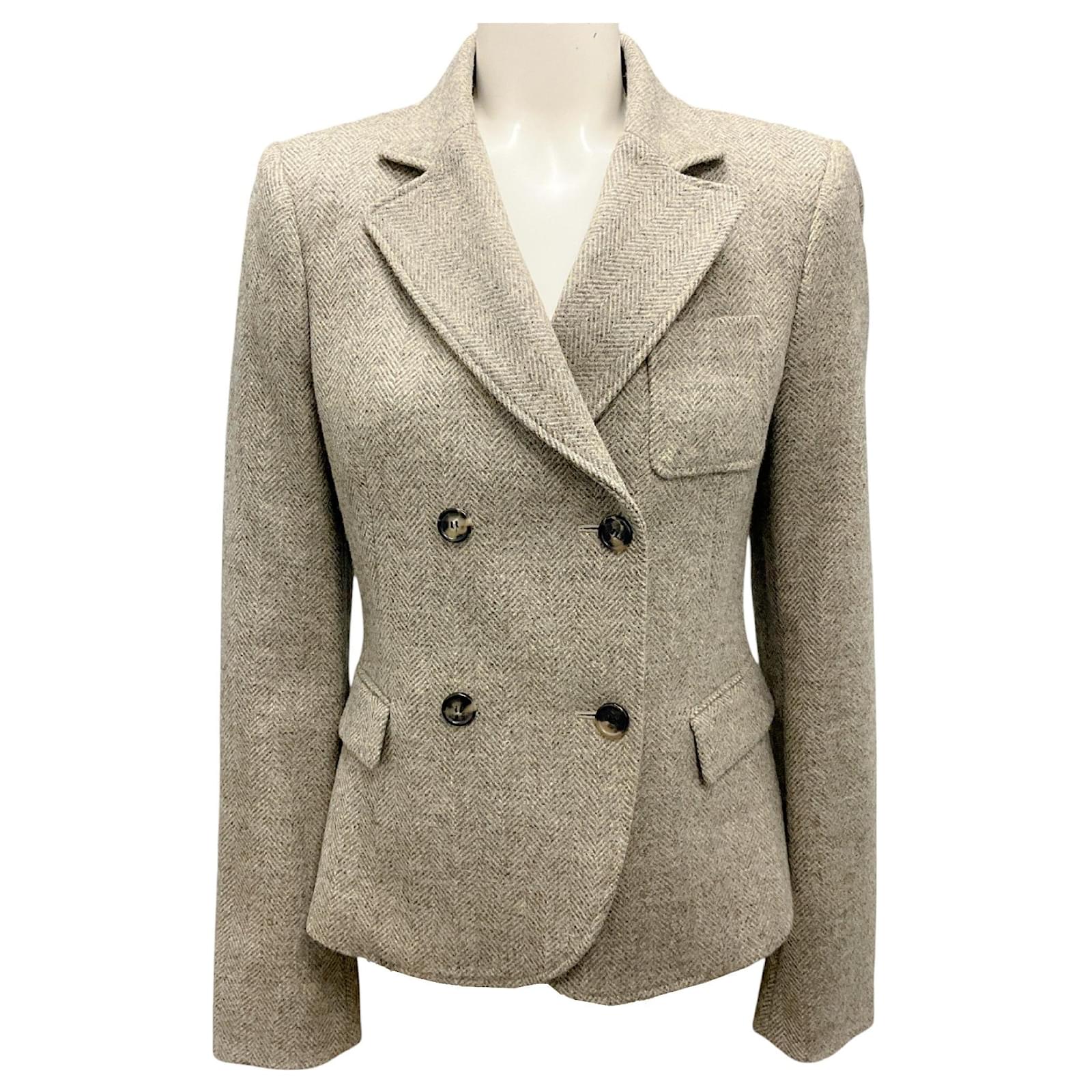 Loewe Grey / Beige Melange Tailored Double Breasted Herringbone Pattern ...
