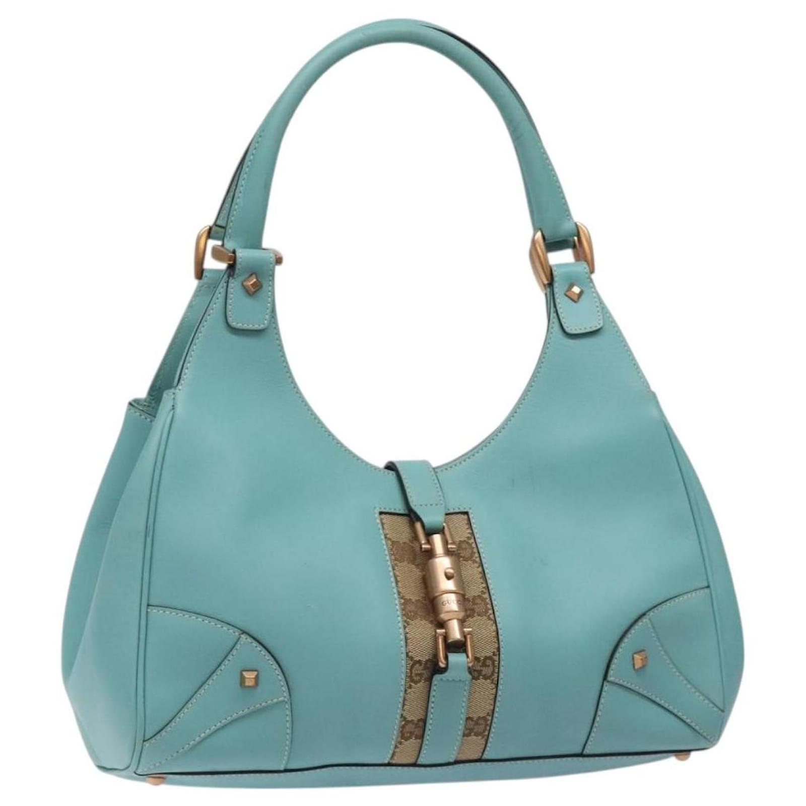 GUCCI Jackie Hand Bag Leather Turquoise Blue 124407 Auth 125582 ref ...