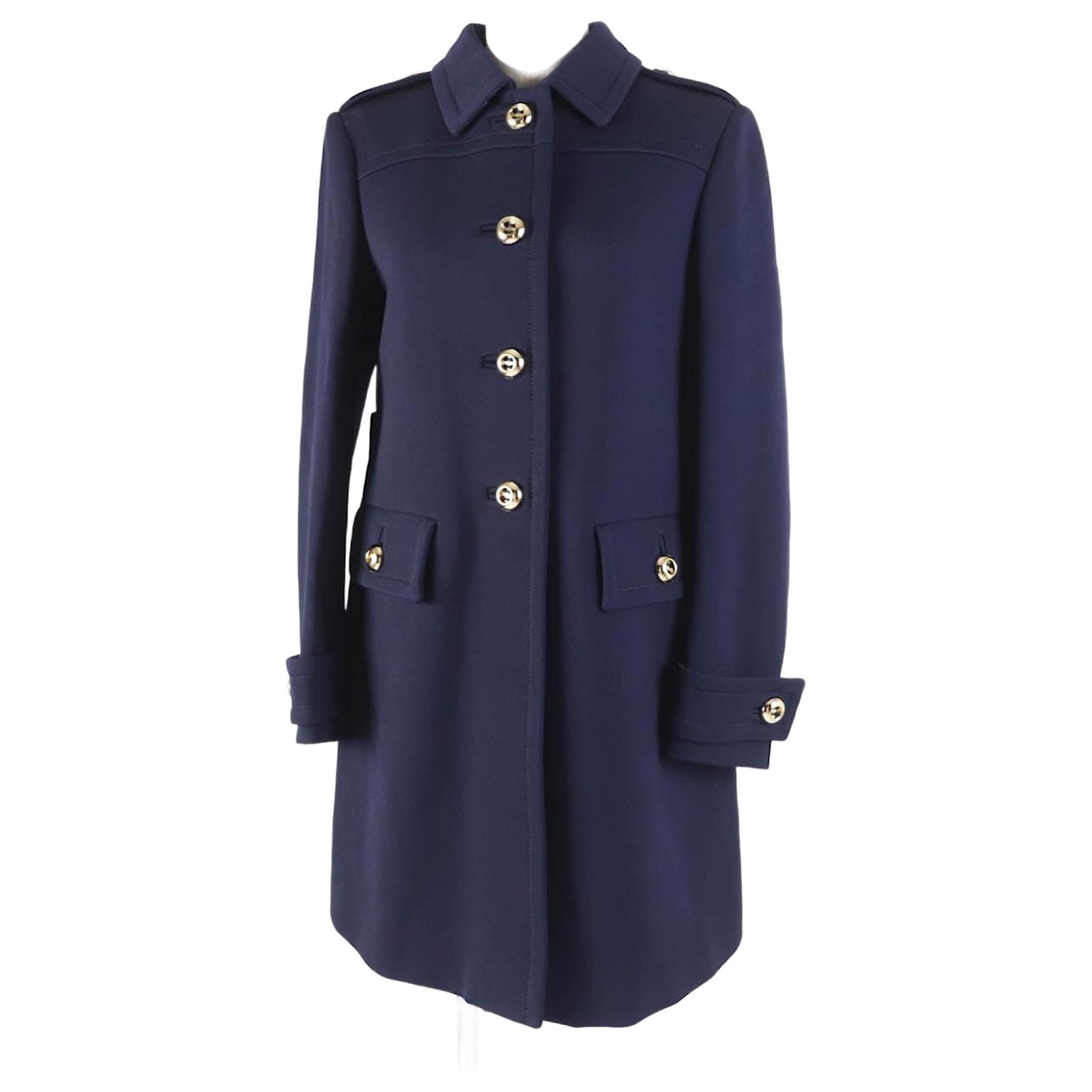 Prada Wool Rayon Gold Logo Button Coat Navy Blue Navy blue Polyester ...