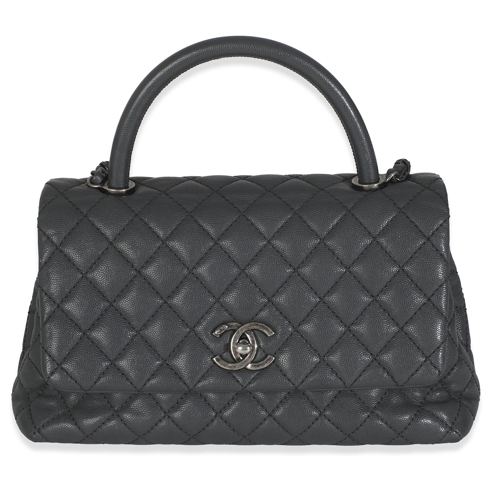 Chanel Grey Quilted Caviar Coco Top Handle Handbag Brown Leather ref ...