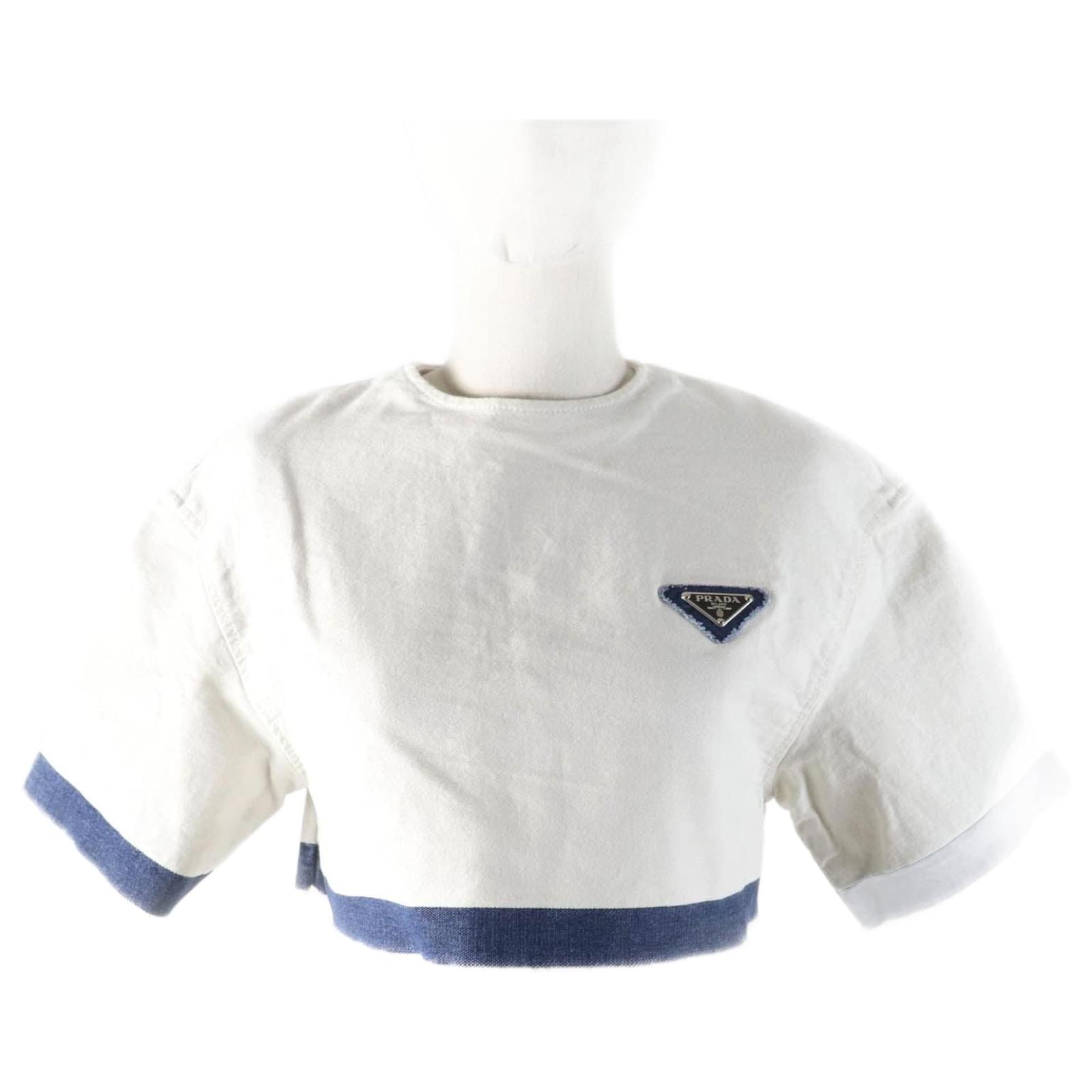 Prada Logo Cropped Denim Top GFT012 White Blue Cotton ref.2321628 ...