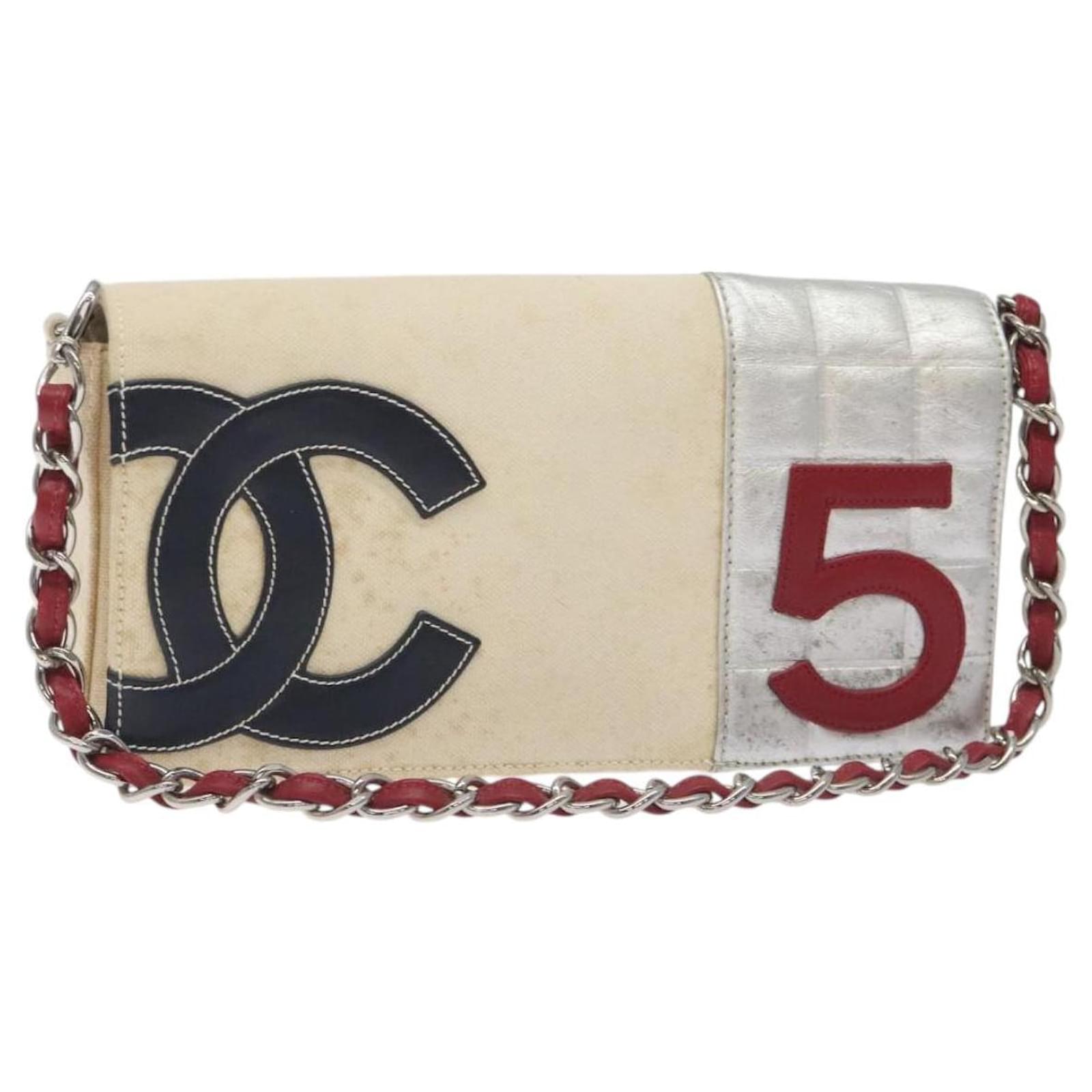 CHANEL Choco Bar Chain Shoulder Bag No5 Canvas Ivory Silver CC Auth ...