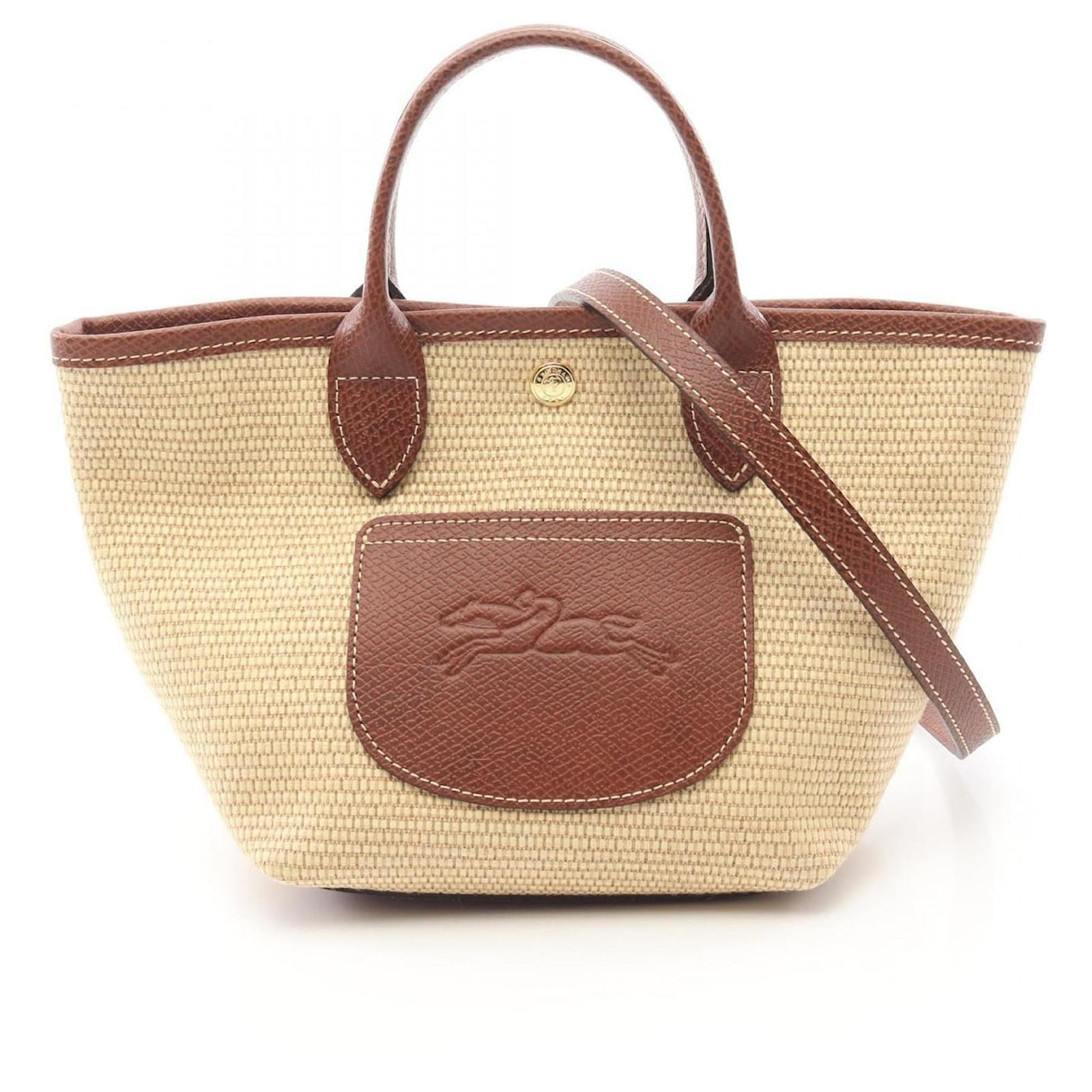 Longchamp Le Pliage XS Basket Tote Bag Brown Beige Leather Cloth ref ...