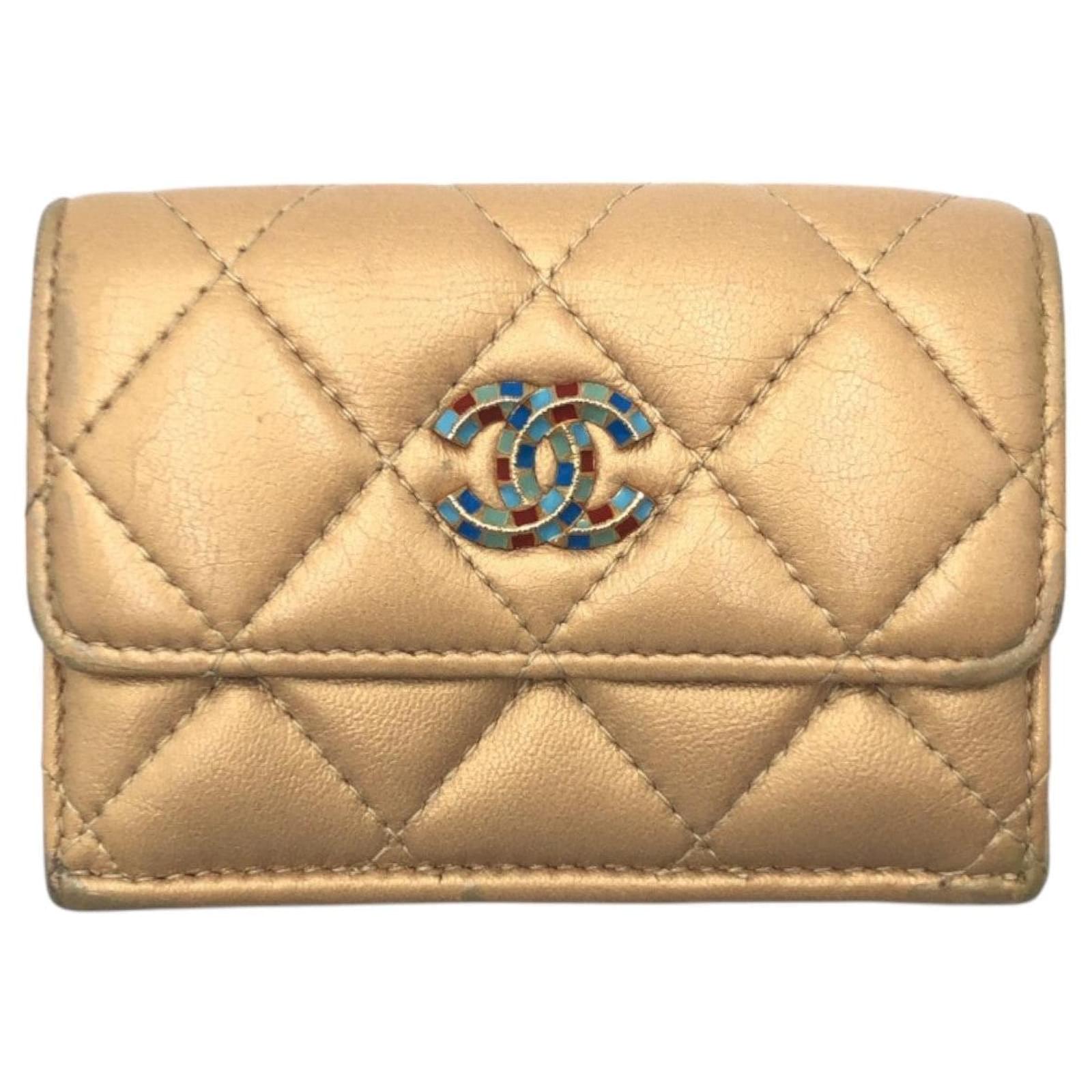 Chanel Matelasse Coco Mark Leather Trifold Wallet Golden Metallic ref ...