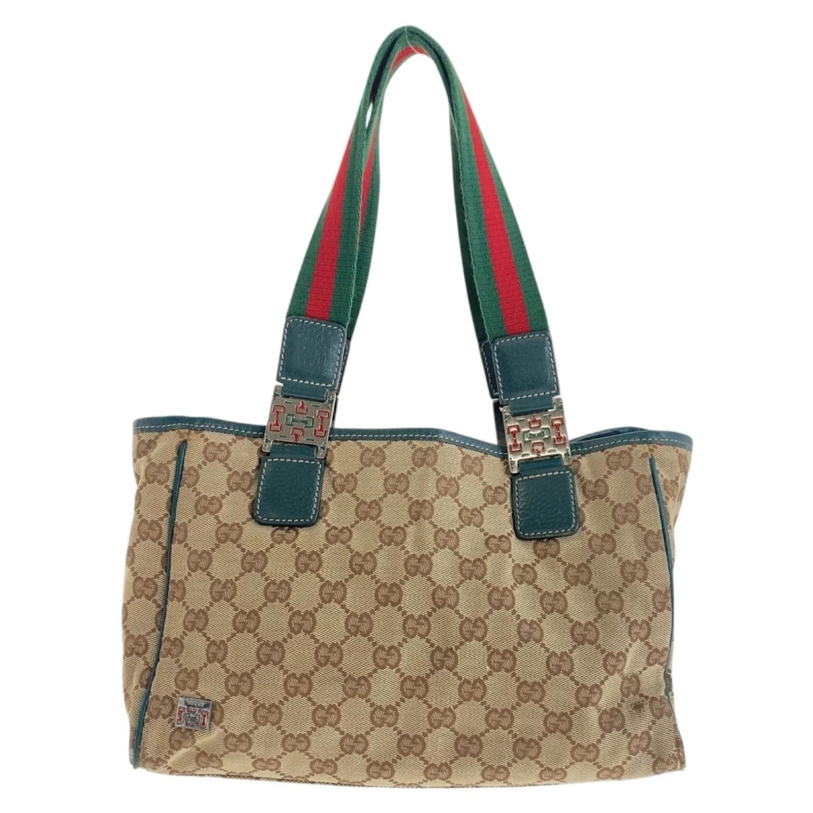 GUCCI Sherry Line Tote Bag Beige Green Leather Cloth ref.2350301 - Joli ...
