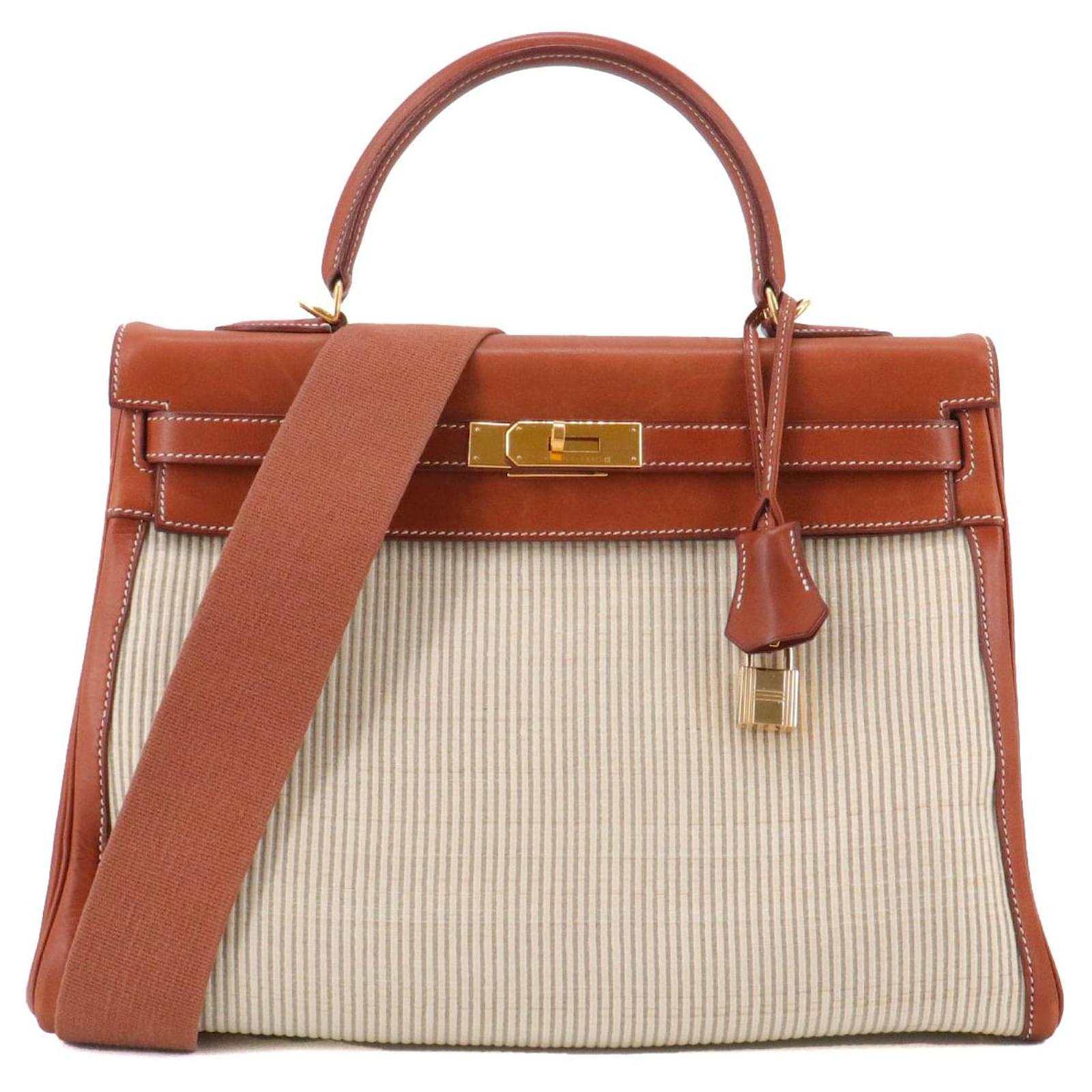 HERMÈS - Kelly 32 Hermès handbag in barenia leather and nylon Brown ref ...
