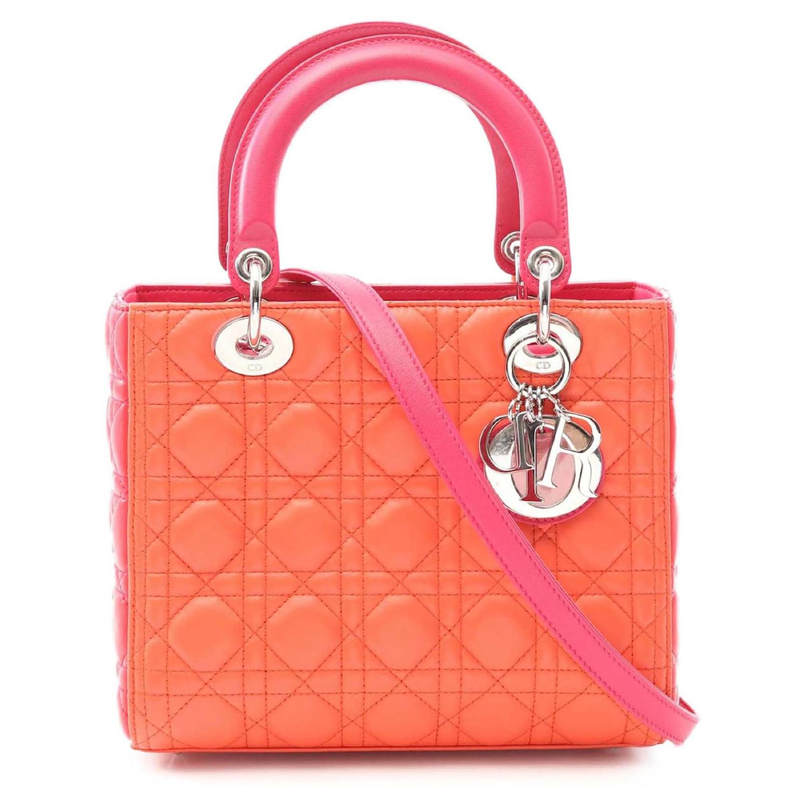 Dior Orange Medium Bicolor Lambskin Cannage Lady Dior Pink Leather ref ...