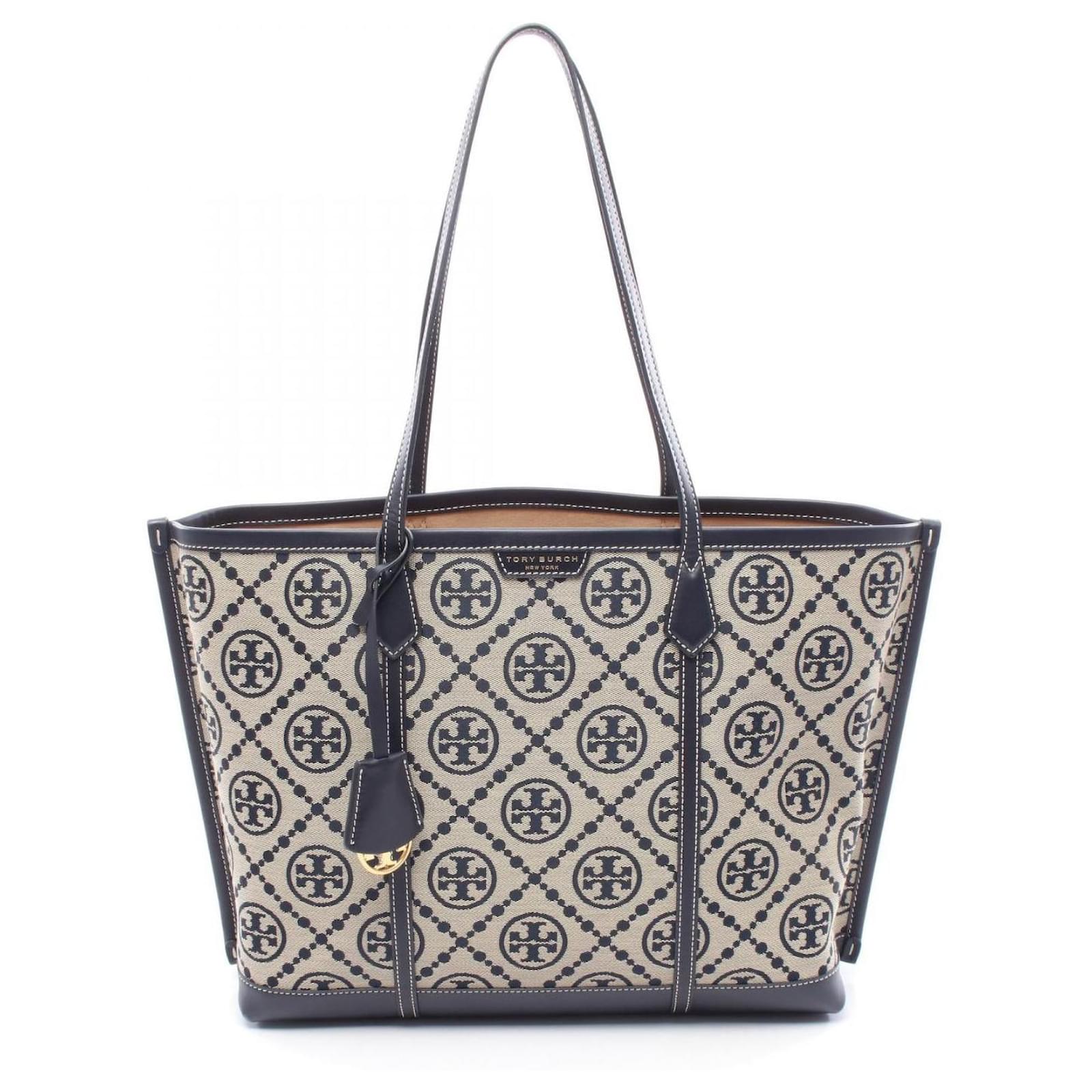 Tory Burch Perry T Monogram Canvas Leather Tote Bag Brown Beige Cloth ...