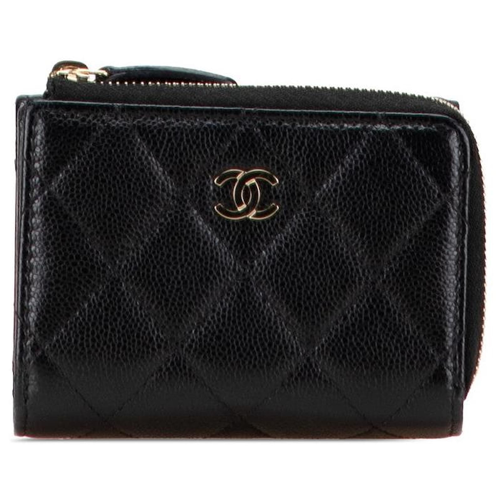 Chanel Coco Mark Matelasse Caviar Skin Trifold Wallet Black Leather ref ...
