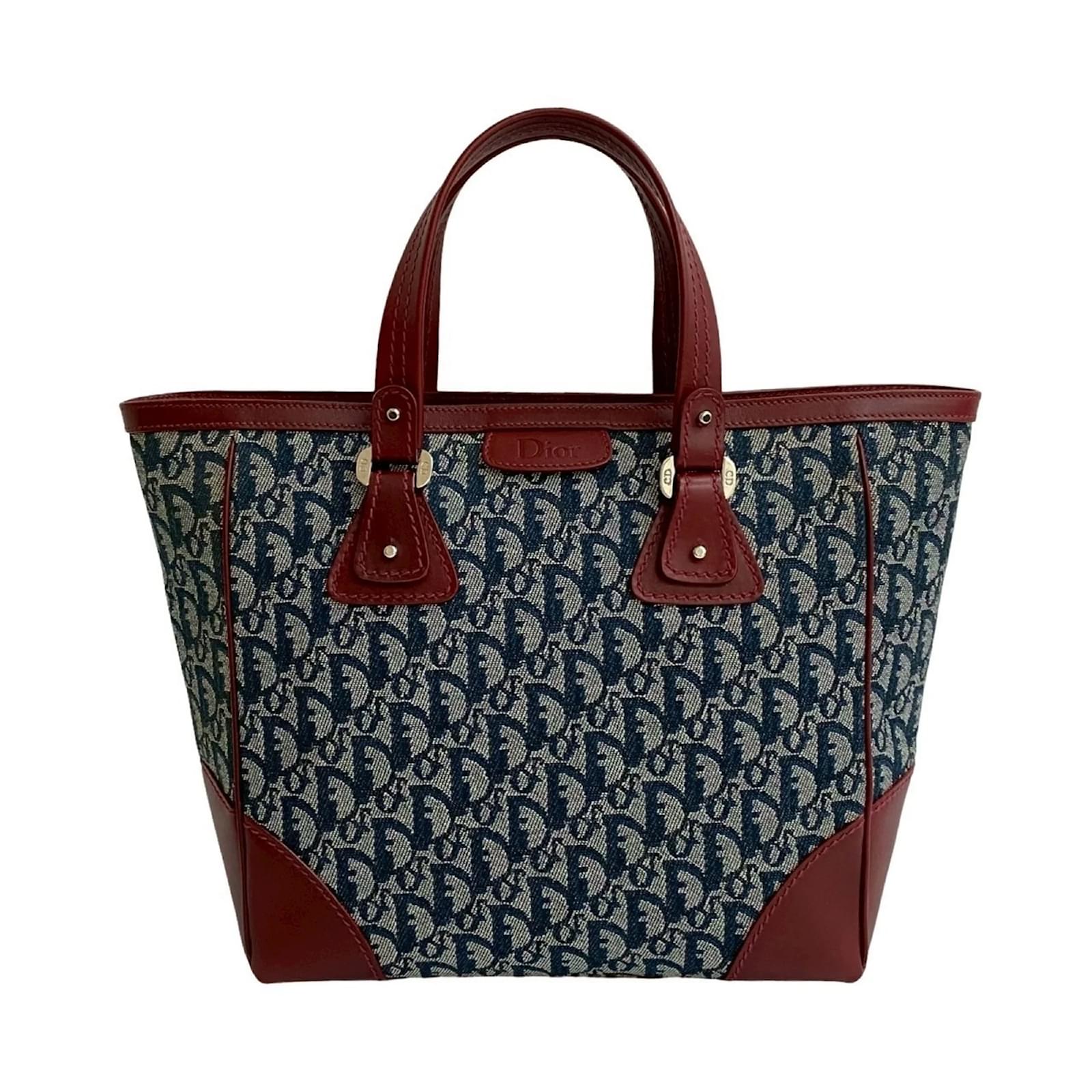Christian Dior Trotter Pattern Handbag Tote Dark red Navy blue Leather ...