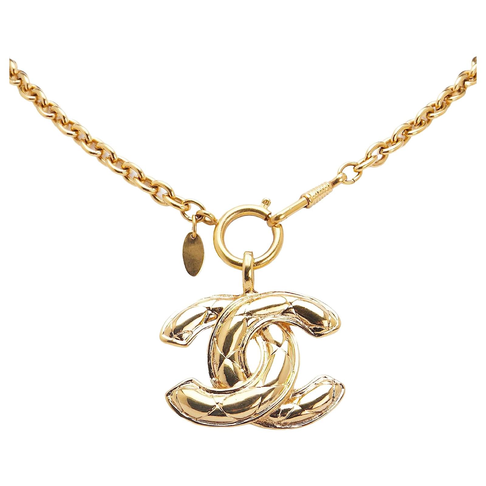 Chanel Gold Gold Plated Quilted CC Pendant Necklace Golden Metal Gold ...