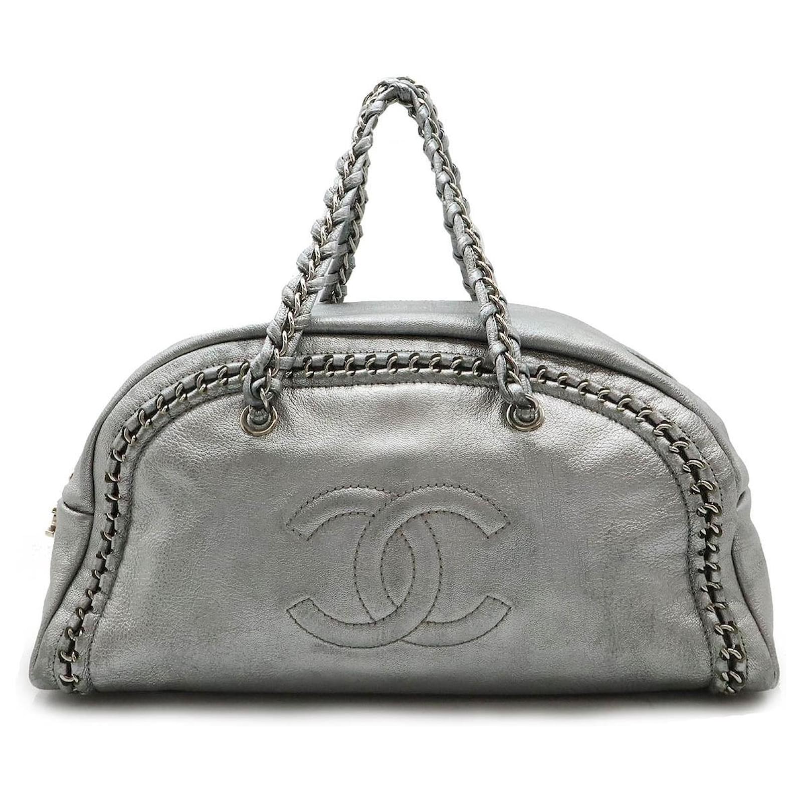 Chanel Leather Boston Travel Bag Silvery Metallic Pony-style calfskin ...