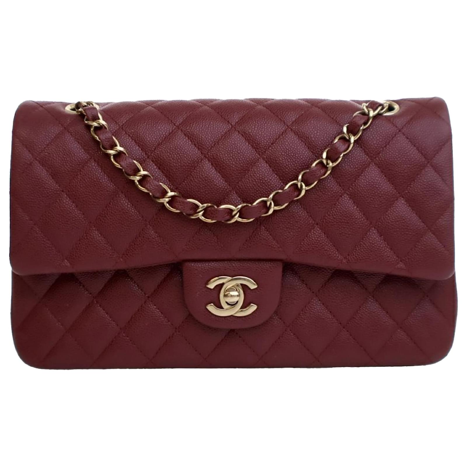 Chanel Red Medium Classic Caviar Double Flap Dark red Leather ref ...
