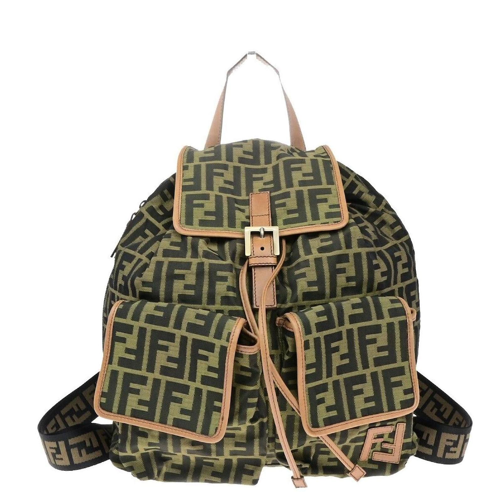 Fendi Vintage Double Pocket Backpack Zucca Canvas Medium Khaki Cloth ...