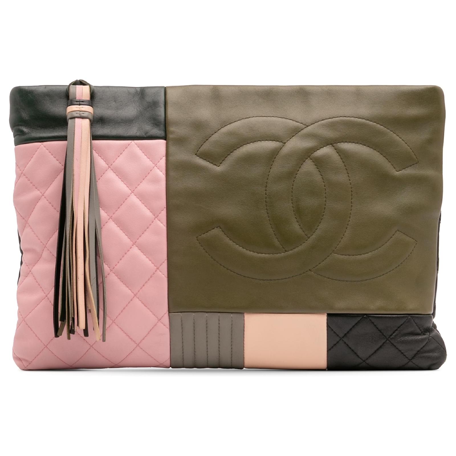 Chanel Green Large Lambskin Colorblock Patchwork O Case Olive green ...