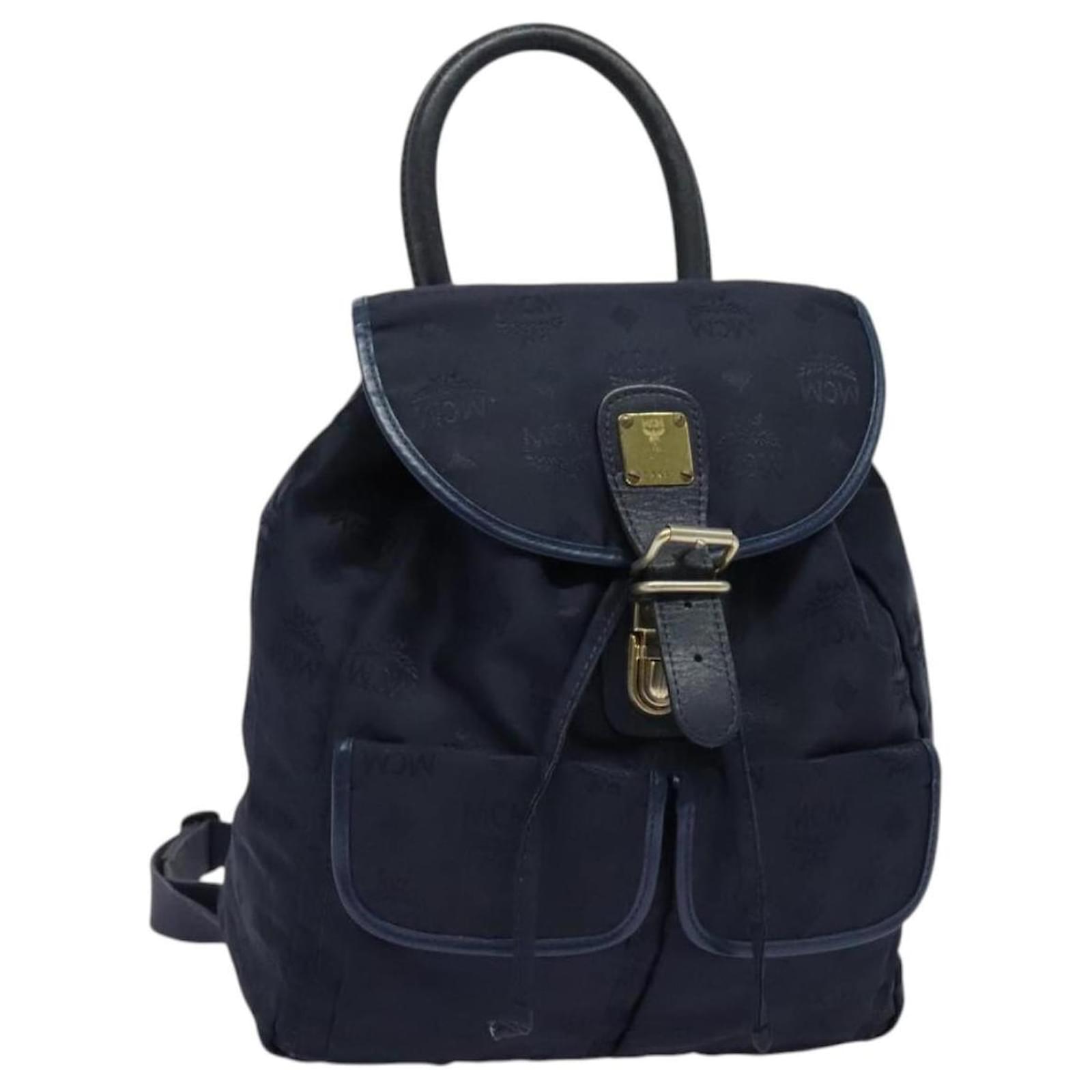 MCM Logogram Vicetos Backpack Nylon Navy Gold Auth 138056 Golden Navy ...