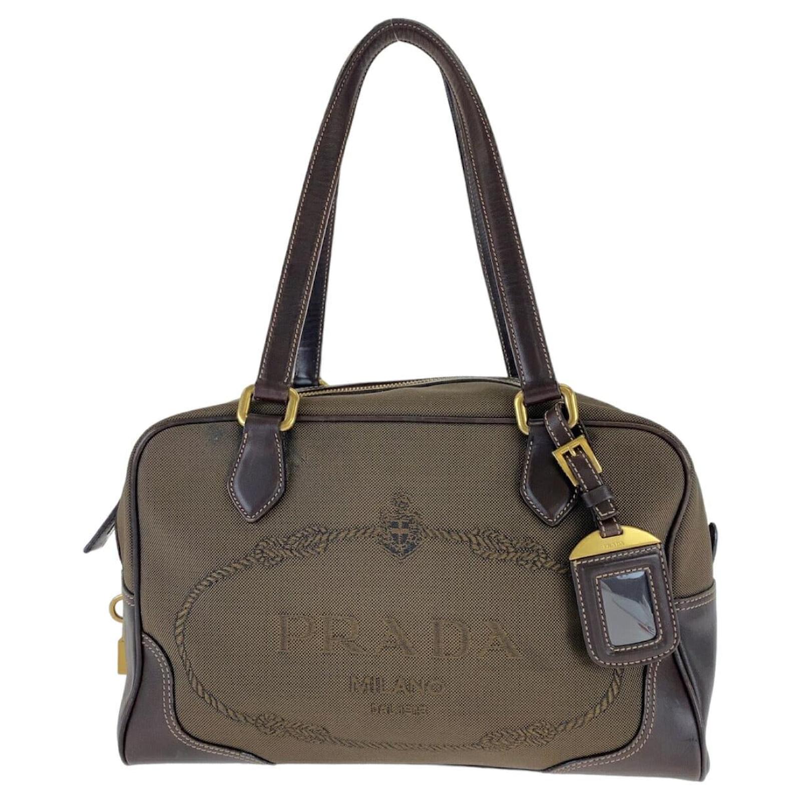 Prada Canvas Leather Logo Jacquard Tote Bag Brown ref.2465973 - Joli Closet